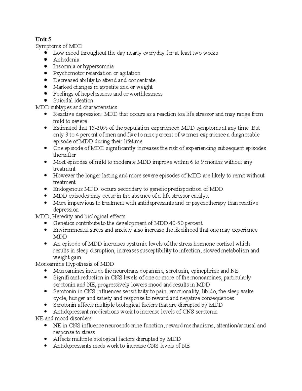 Chapter 5 notes - with dr. williams - Unit 5 Symptoms of MDD Low mood ...