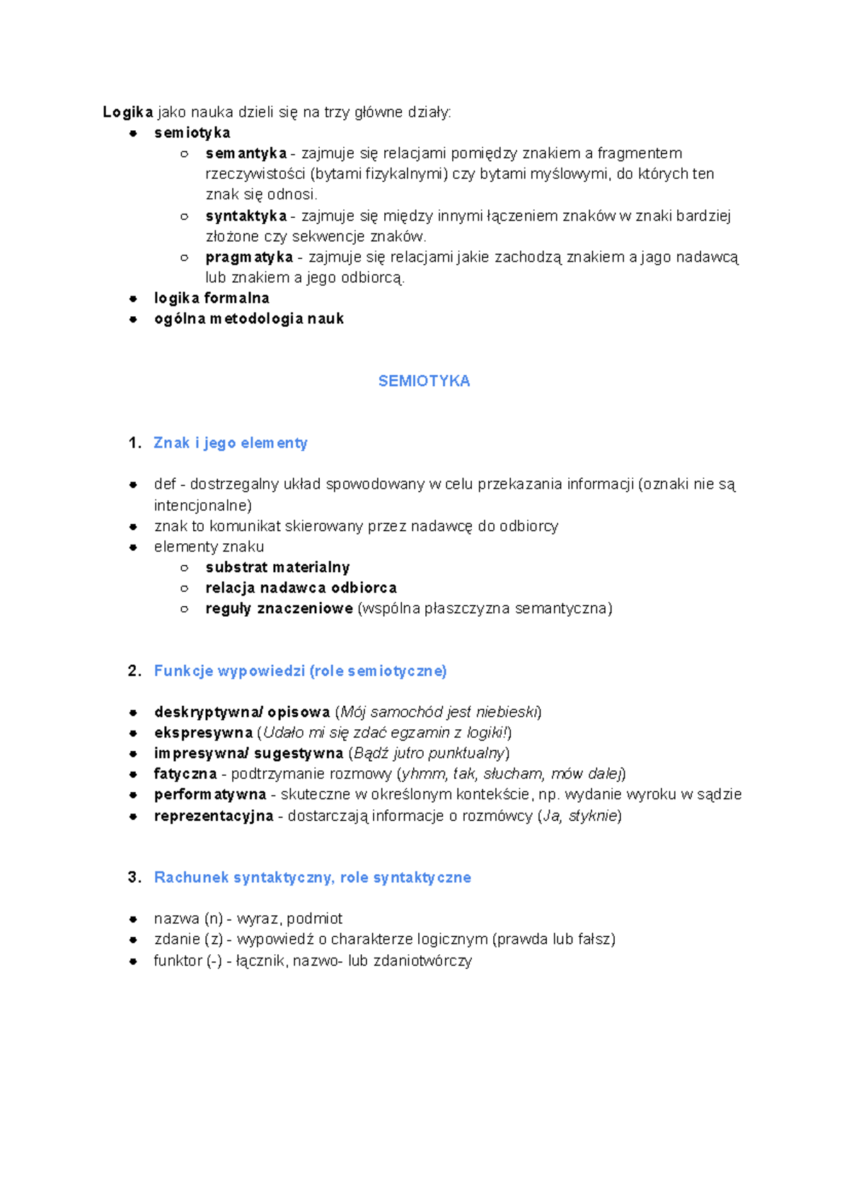Notatki Logika - Logika jako nauka dzieli się na trzy główne działy ...