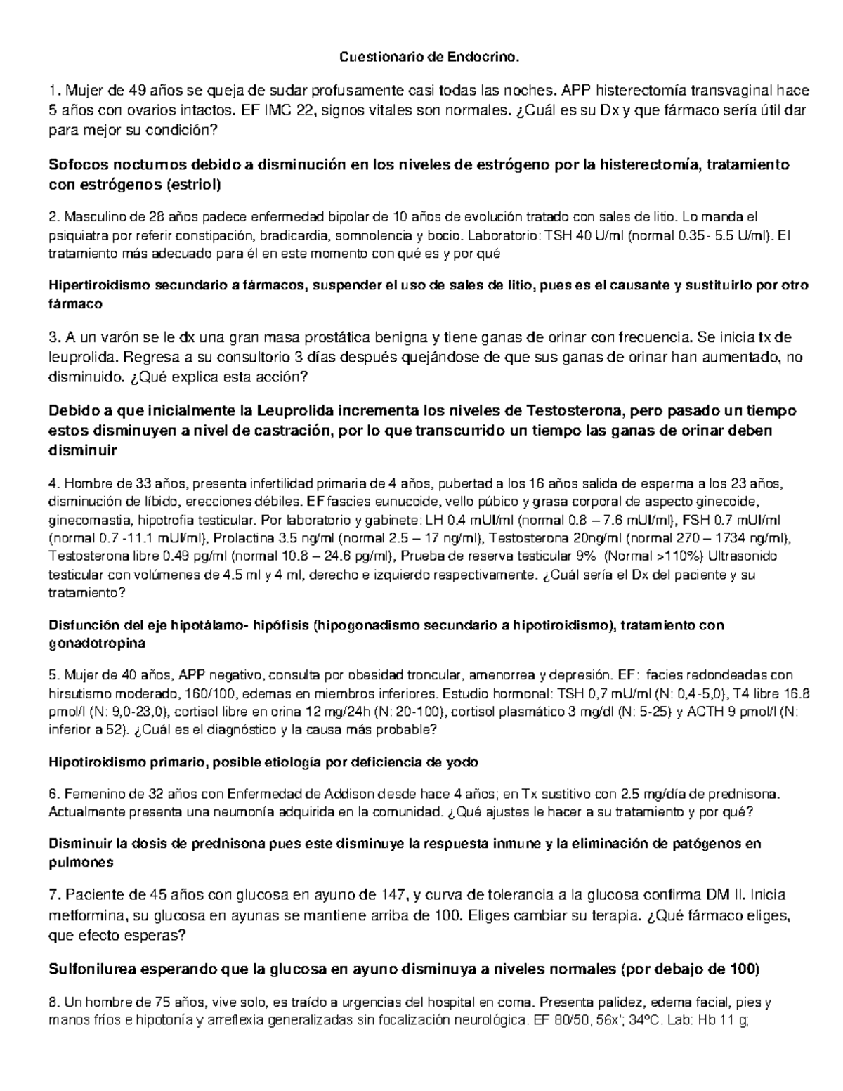 Cuestionario de endocrinología - Cuestionario de Endocrino. 1. Mujer de ...