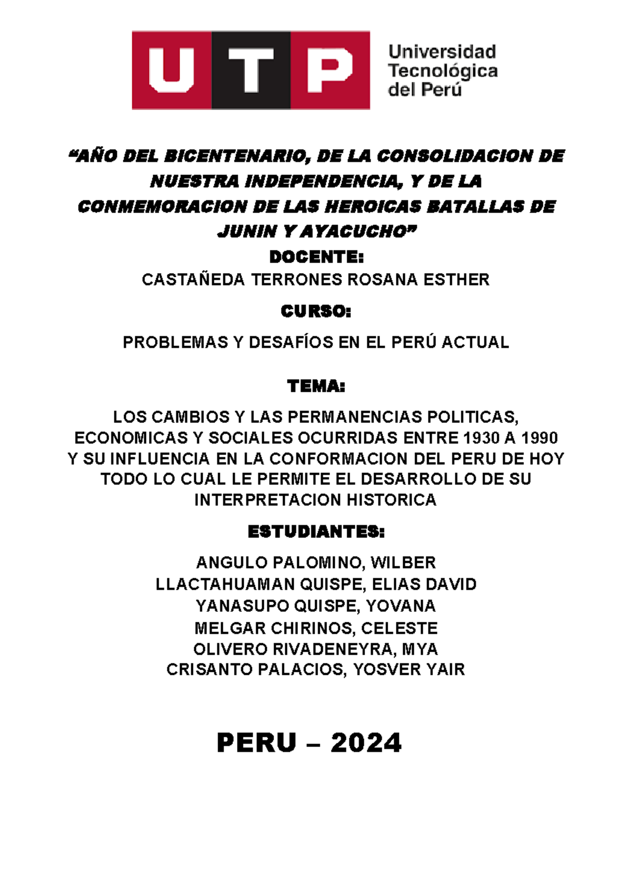 Caratula UTP Practica Calificada Desafios - PERU – 2024 “AÑO DEL ...