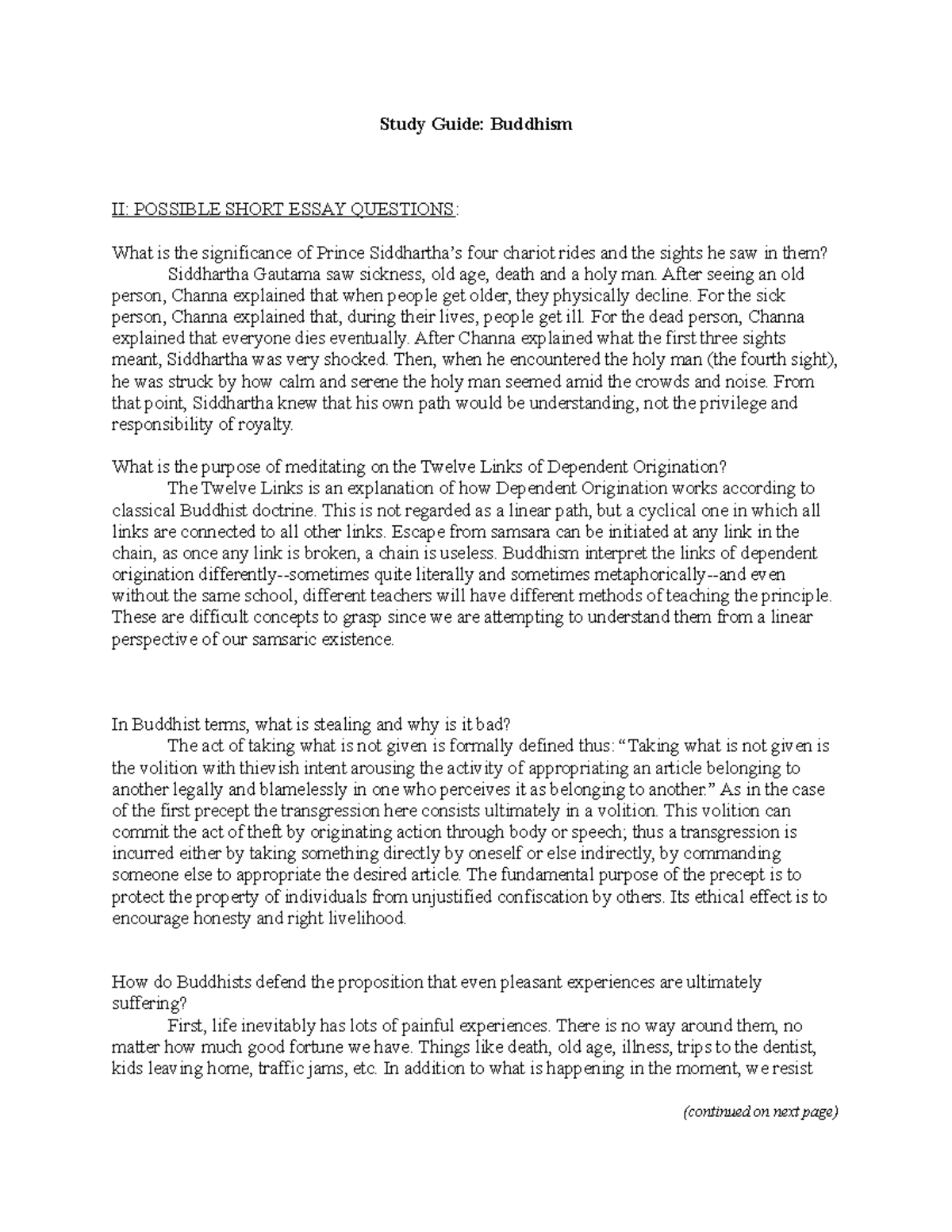 Buddhism Study Guide (1)1 - Study Guide: Buddhism II: POSSIBLE SHORT ...
