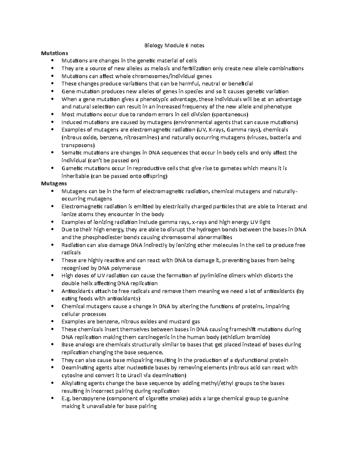 Biology Module 6 notes - Biology Module 6 notes Mutations Mutations are ...