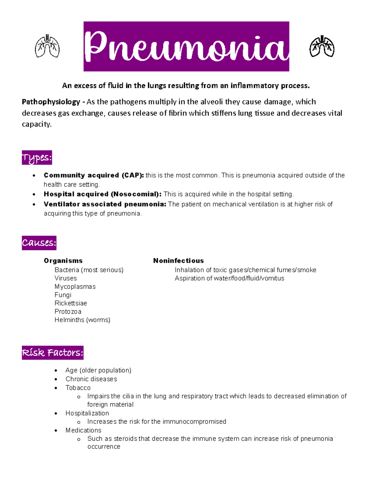 Pneumonia - Med surg 2 - Pneumonia An excess of fluid in the lungs resulting from an ...