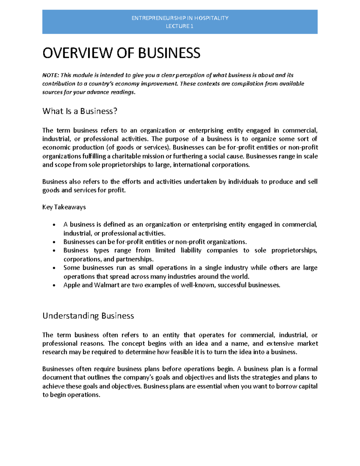 Entrep - Module 1 - LECTURE 1 OVERVIEW OF BUSINESS NOTE: This module is ...