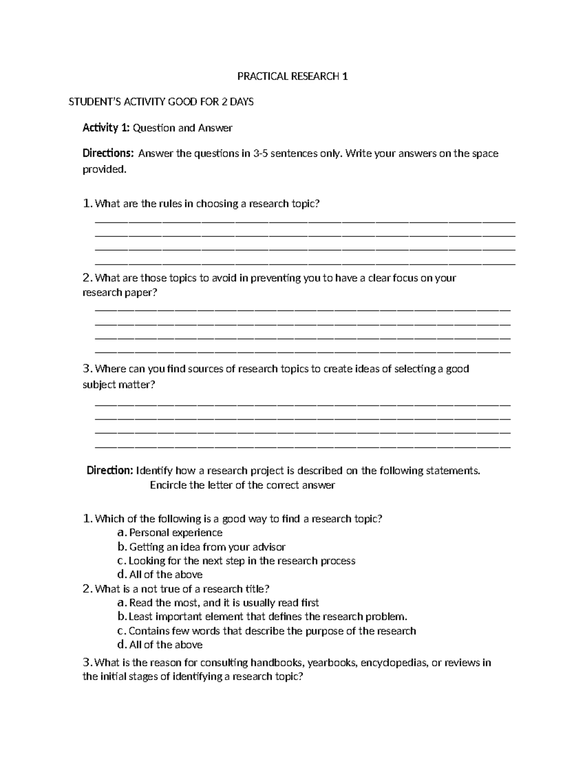 Practical Research 1 Activity - PRACTICAL RESEARCH 1 STUDENT’S ACTIVITY ...