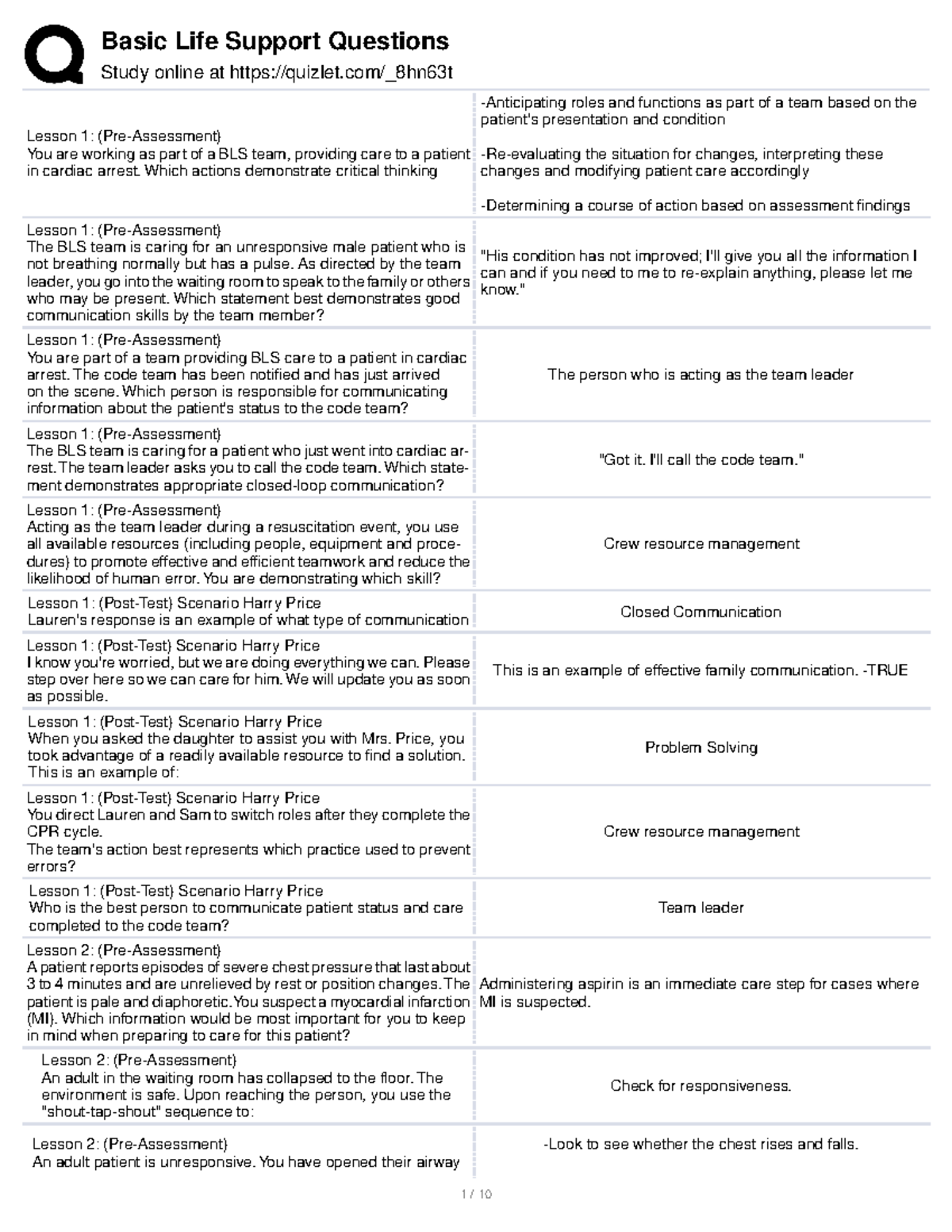Basic Life Support Questions - Study online at quizlet/_8hn63t Lesson 1 ...