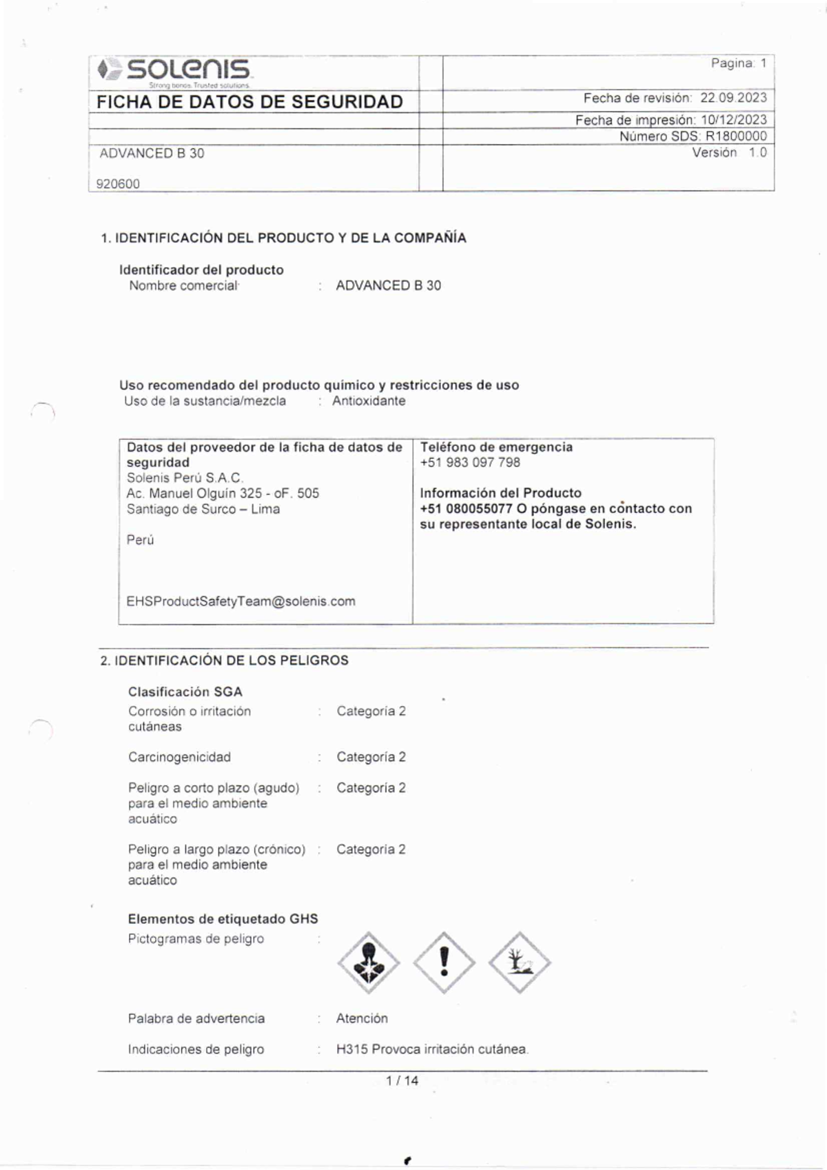 HOJA MSDS Advanced B 30 (Antioxidante) - Gestión de la Seguridad y ...
