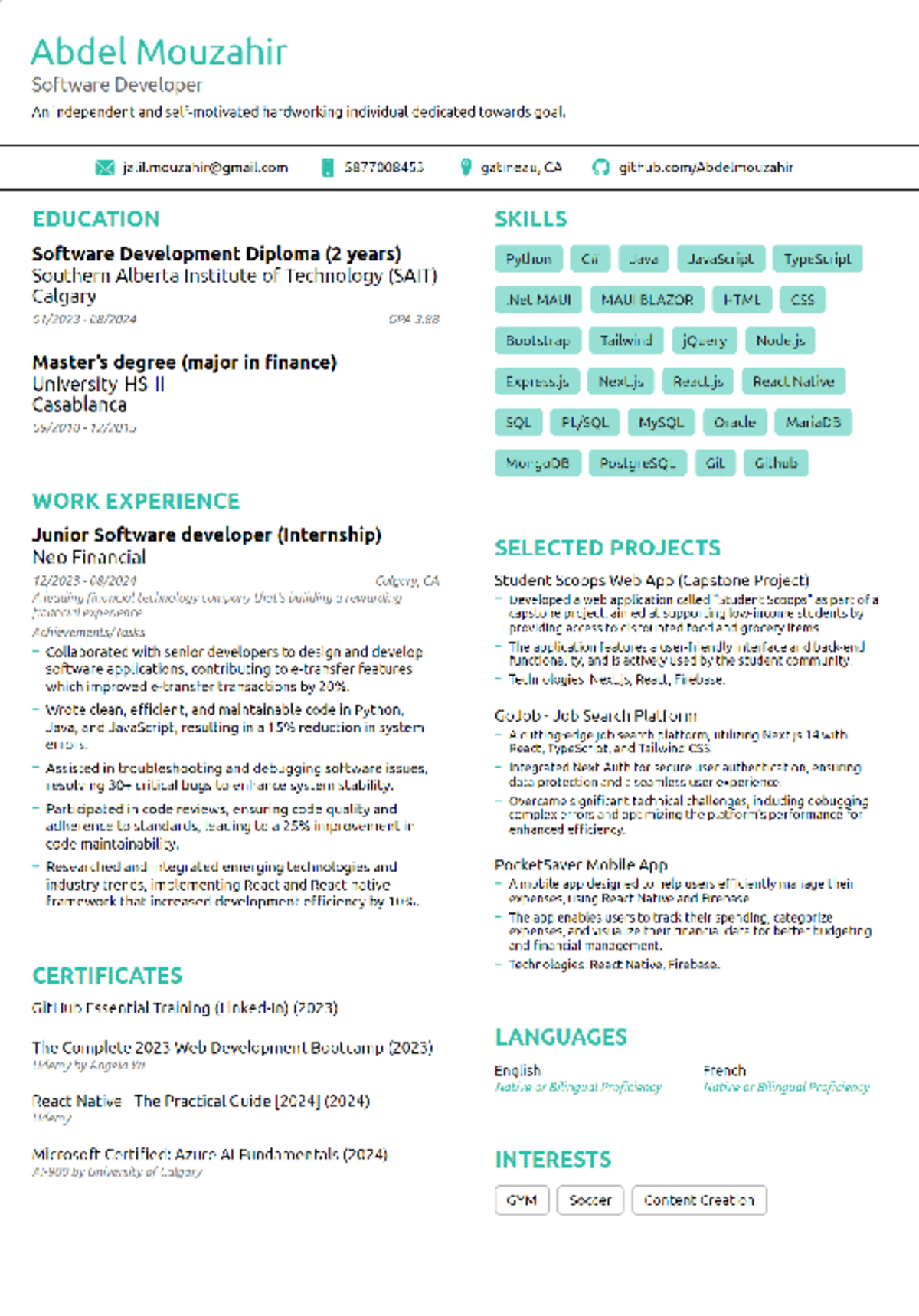 Final - resume - Abdel Mouzahir Software Developer An independent and hardworking individual ...