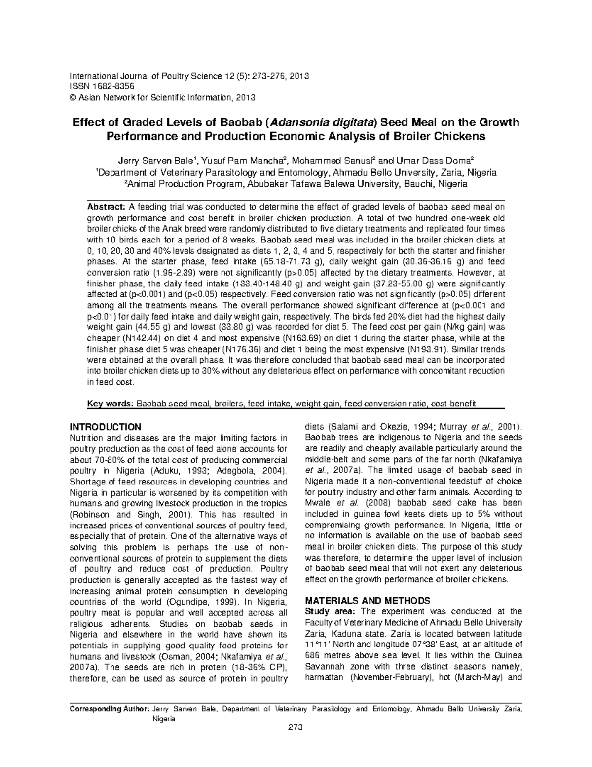 Effect of Graded Levels of Baobab Adanso - International Journal of Poultry Science 12 (5): 273 ...