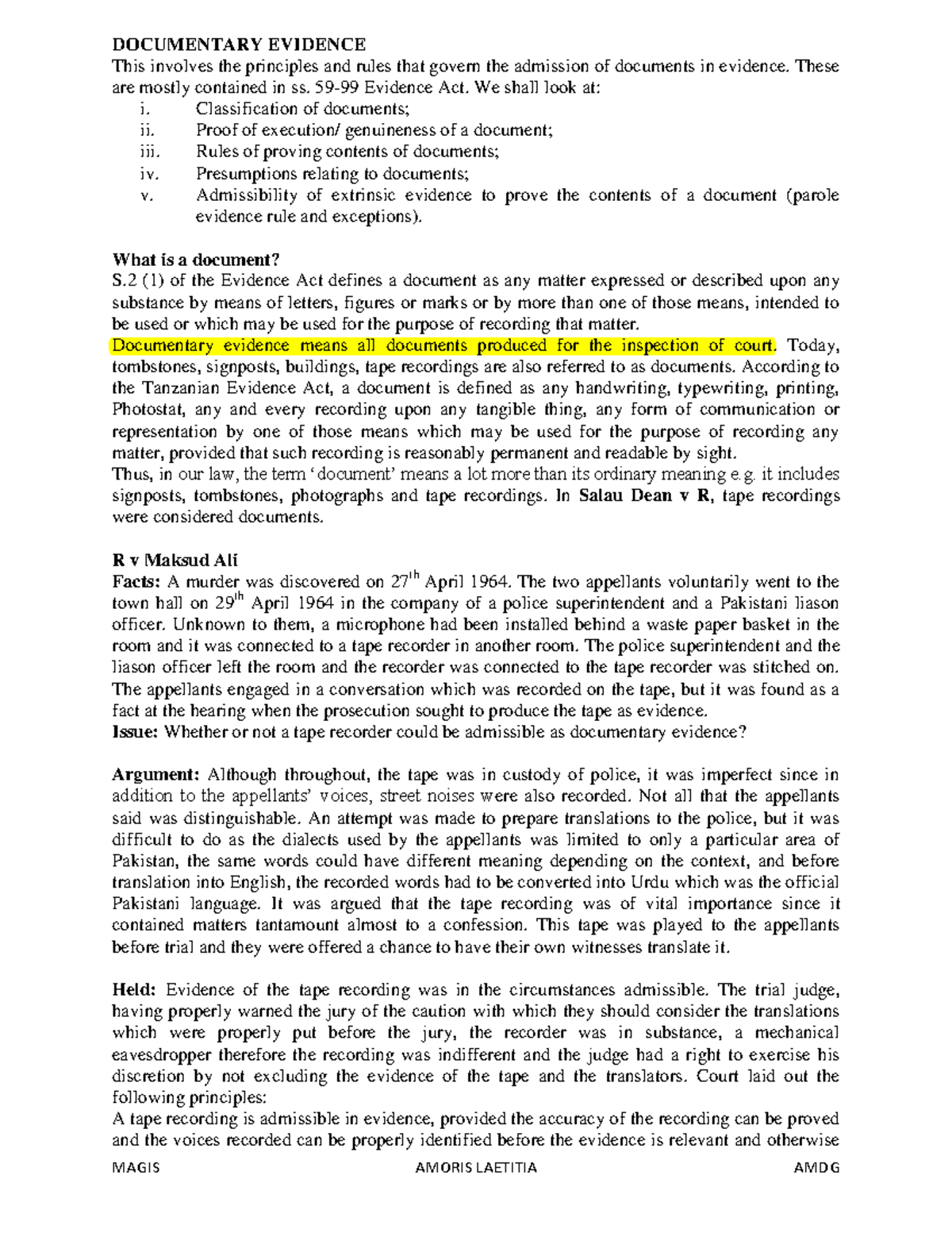 Evidence 2 Notes - DOCUMENTARY EVIDENCE This involves the principles ...