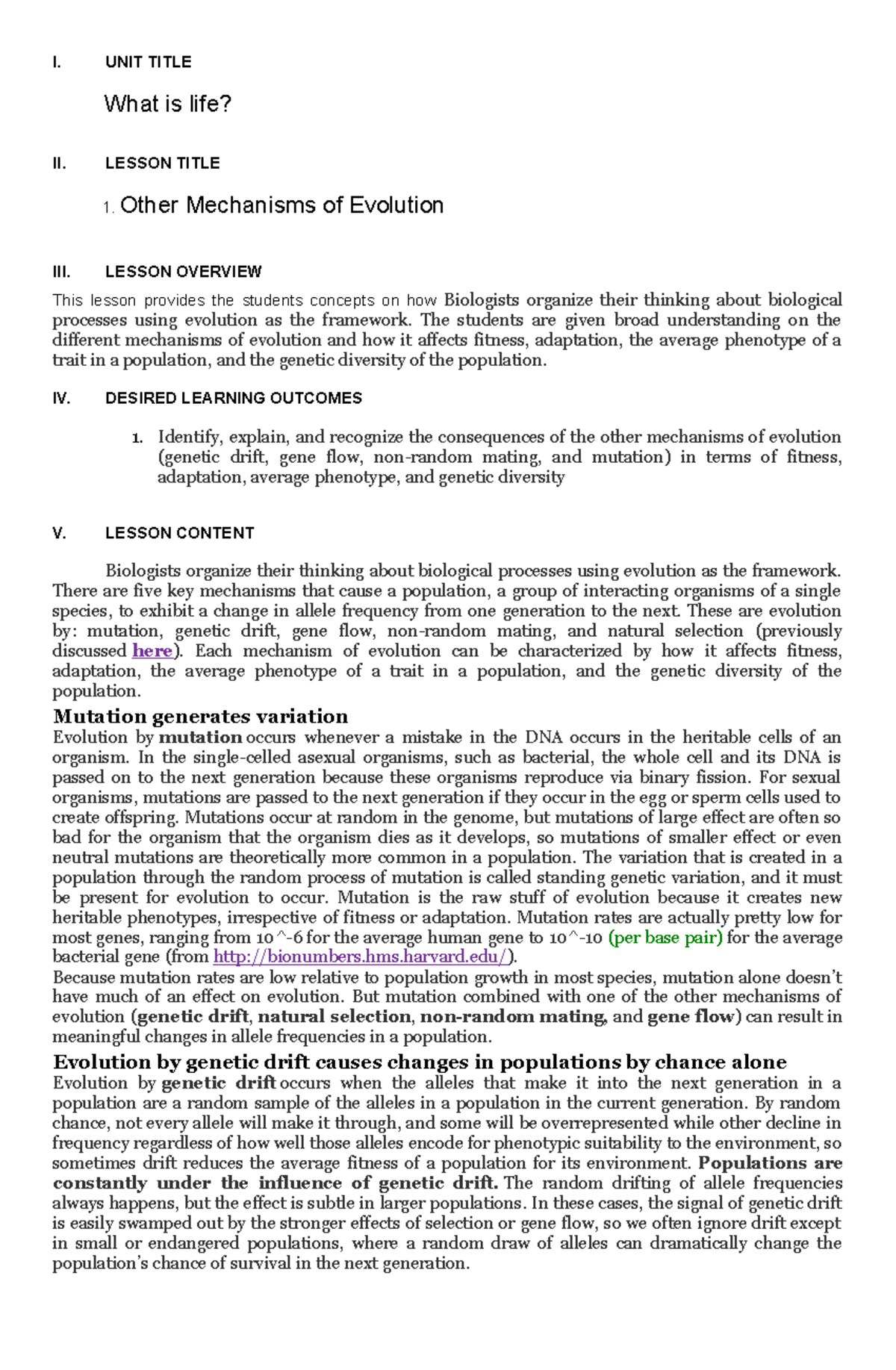 Module-3-Evolutionary Biology - I. UNIT TITLE What is life? II. LESSON ...