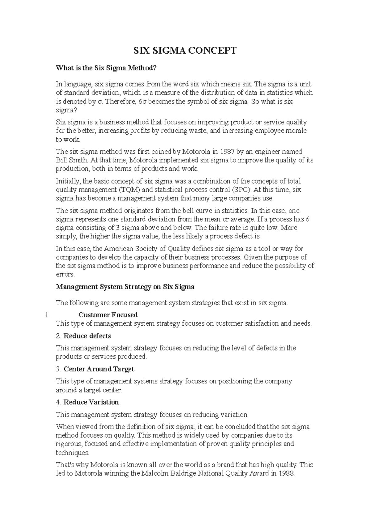 SIX Sigma Concept - SIX SIGMA CONCEPT What is the Six Sigma Method? In ...