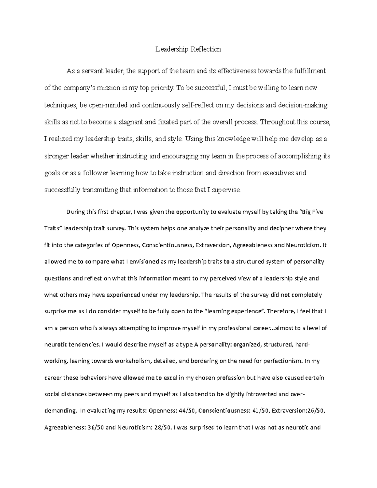 BUS 210 Leadership Reflection - Leadership Reflection As a servant ...