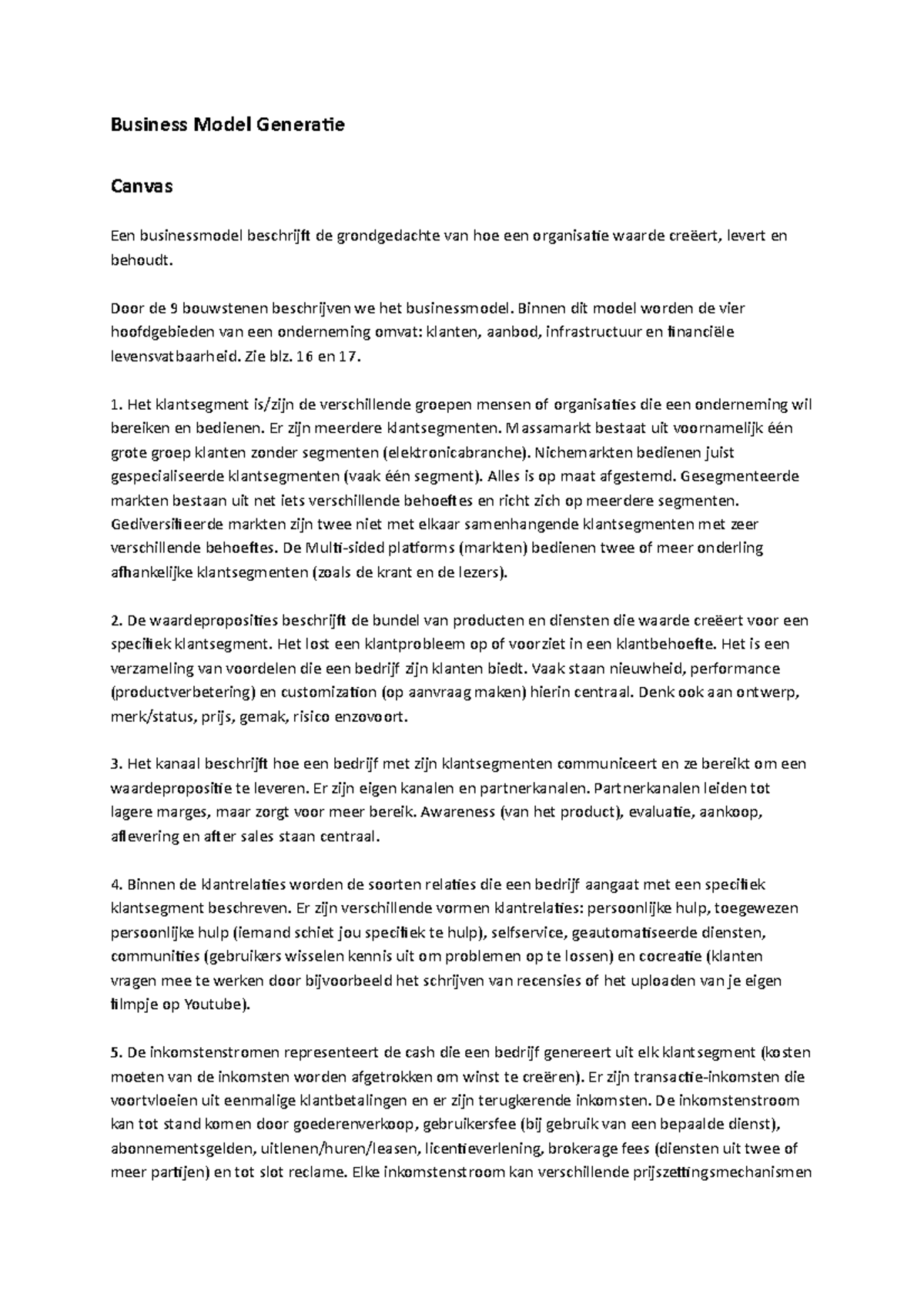 Business Model Generatie Samenvatting - Business Model Generatie Canvas ...