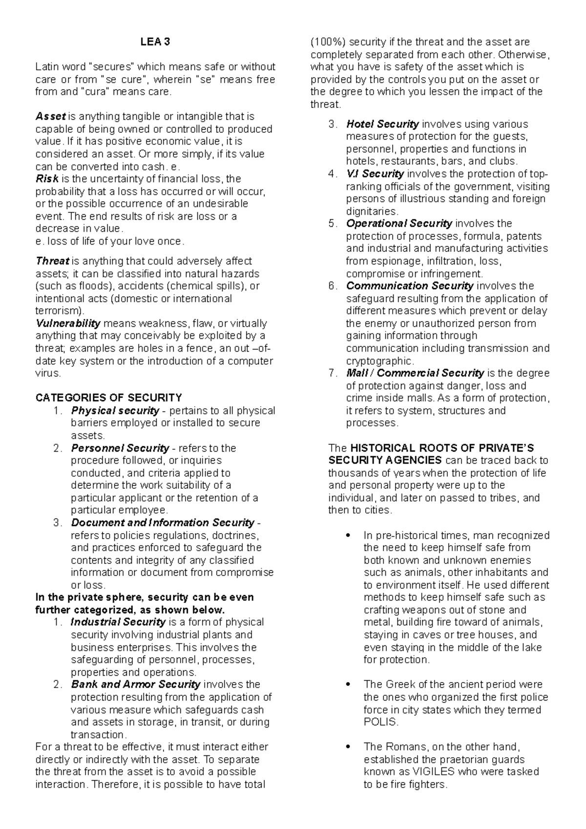 LEA 3 reviewer - Industrial Security - LEA 3 Latin word “secures” which ...