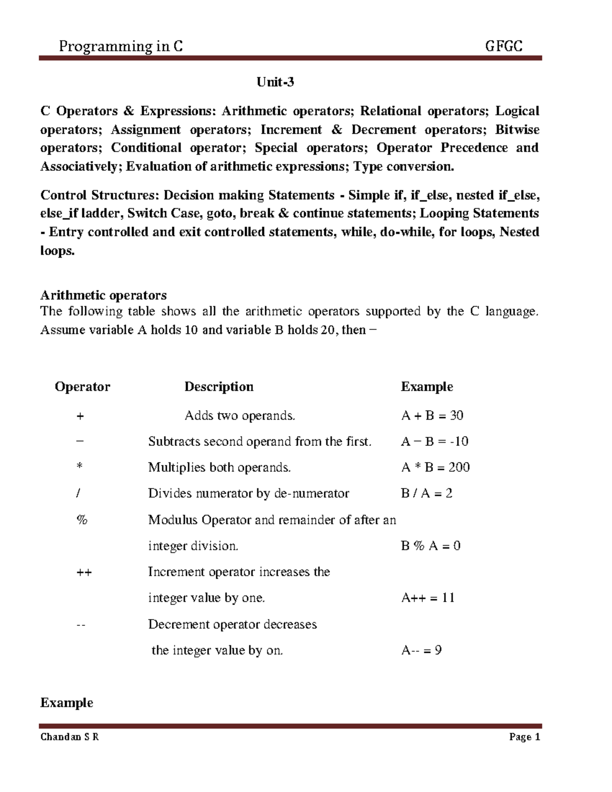 Unit 3 Cprogram Notres Unit 3 C Operators And Expressions Arithmetic Operators Relational
