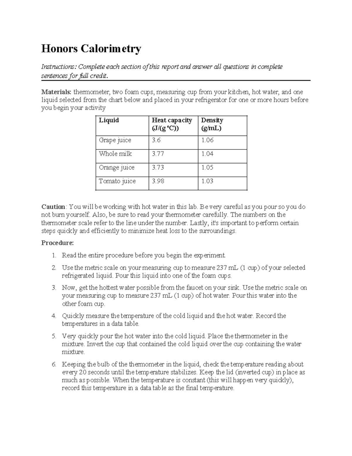 Honors Calorimetry - assignment - Honors Calorimetry Instructions: Complete each section of this ...