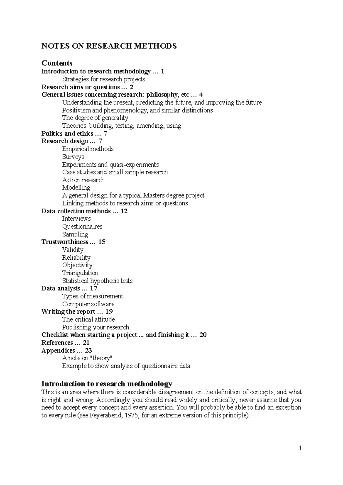 Norm - its about research methods - NOTES ON RESEARCH METHODS Contents ...