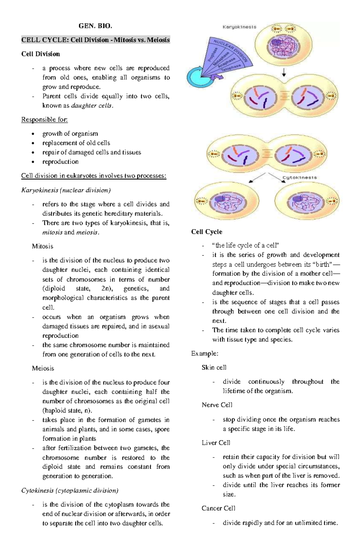 1st periodical 1st sem - Reviewer - GEN. BIO. CELL CYCLE: Cell Division ...