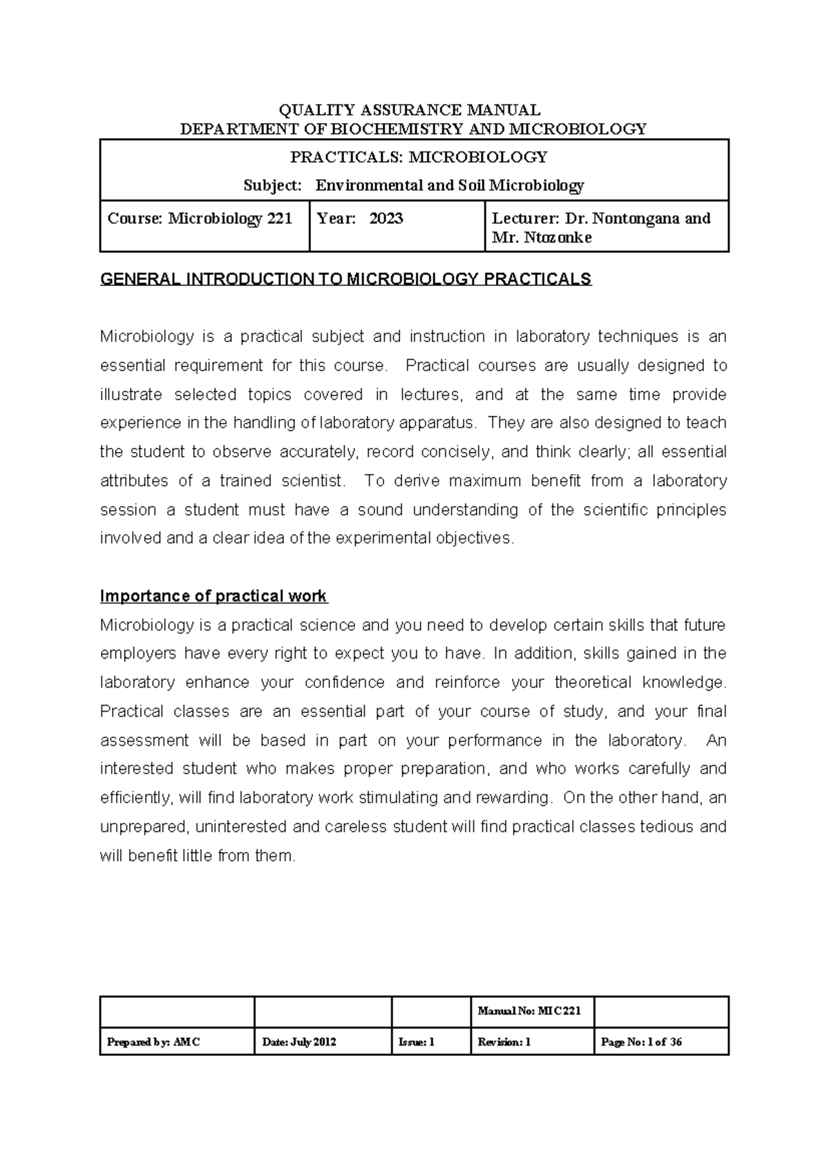 MIC 221 Practical Manual - DEPARTMENT OF BIOCHEMISTRY AND MICROBIOLOGY ...