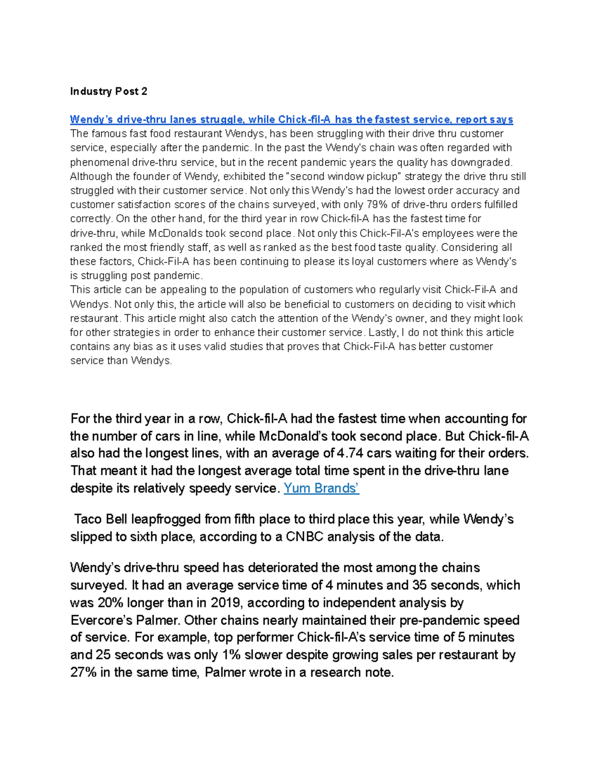 Business post - VKM - Industry Post 2 Wendy’s drive-thru lanes struggle, while Chick-fil-A has ...