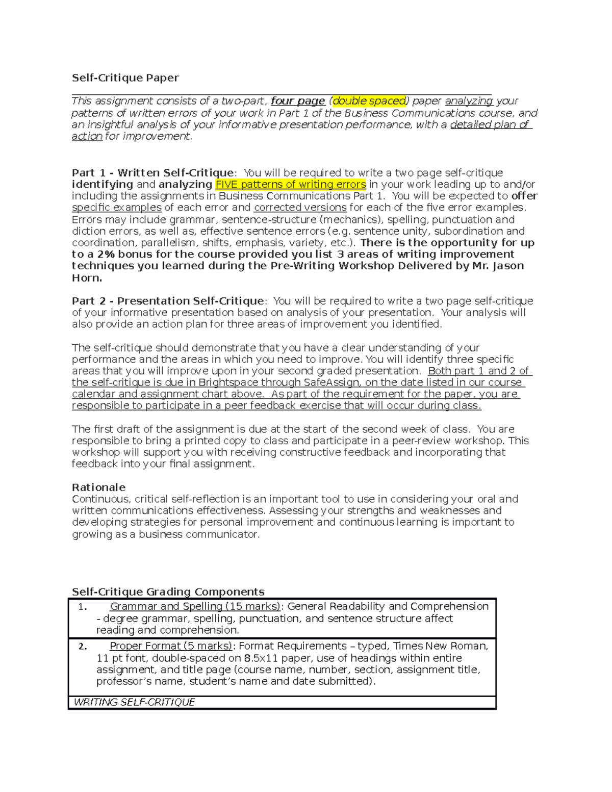 Self Critique Summer 2023 - Self-Critique Paper This assignment ...