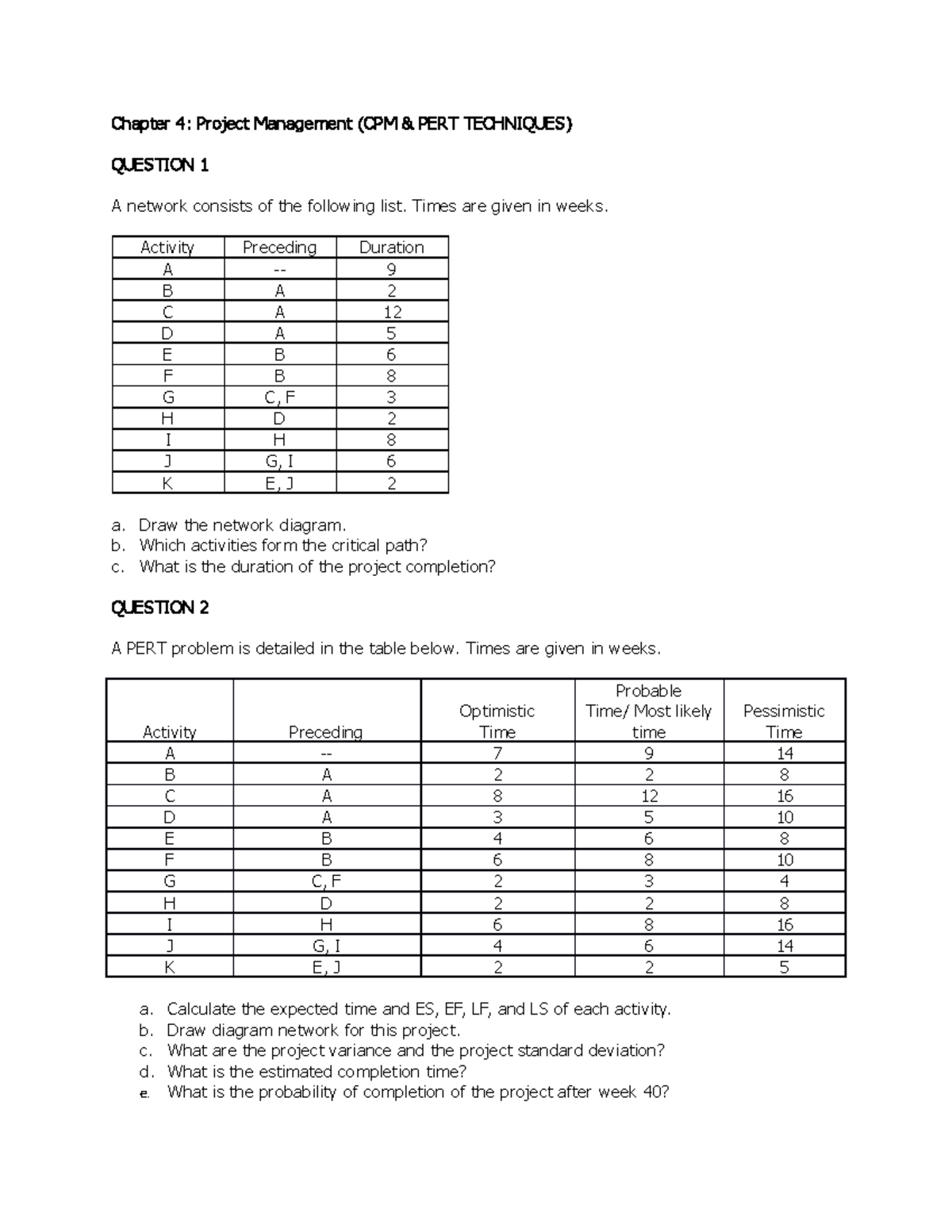 Project Management Exercise - Chapter 4: Project Management (CPM & PERT ...