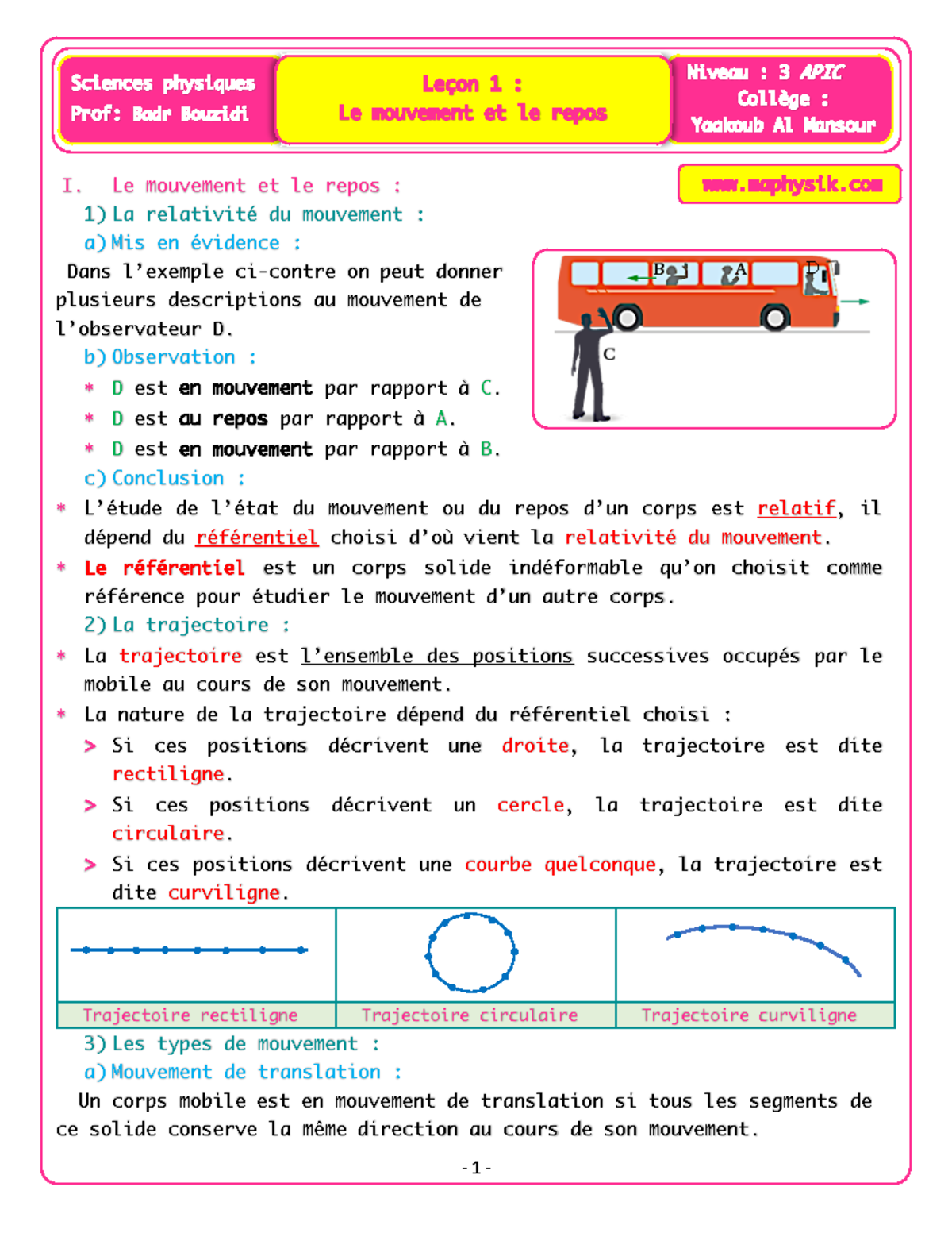 Le mouvement et le repos - I. Le mouvement et le repos : 1) La relativité du mouvement : a) Mis ...