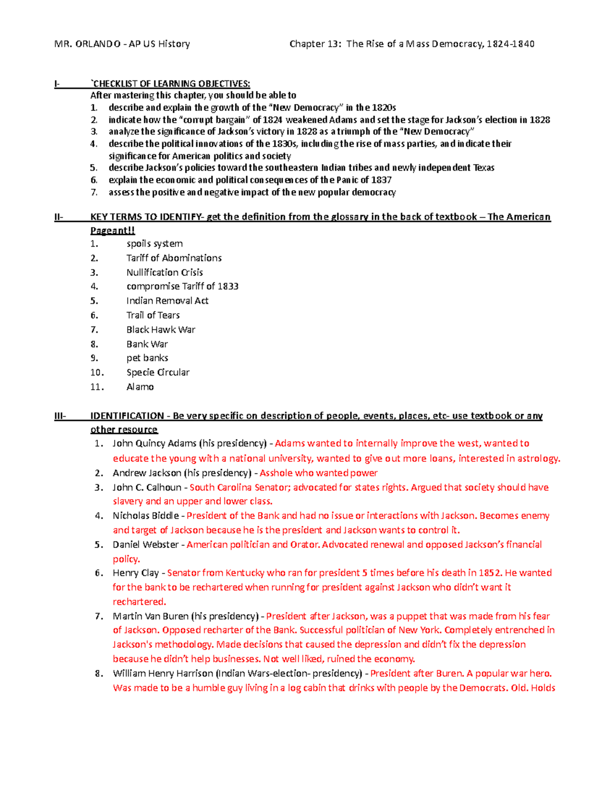 Chapter 13 packet - MR. ORLANDO - AP US History Chapter 13: The Rise of ...