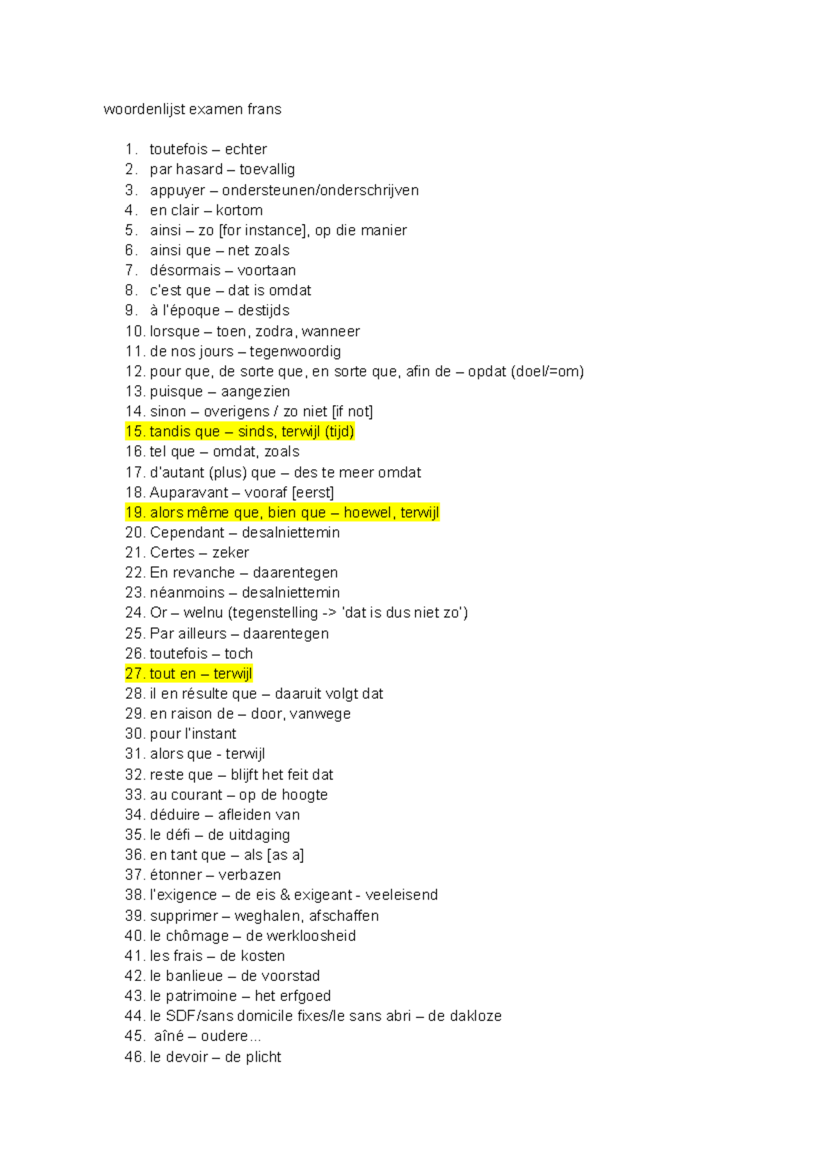 Woordenlijst examen frans - toutefois – echter 2. par hasard ...