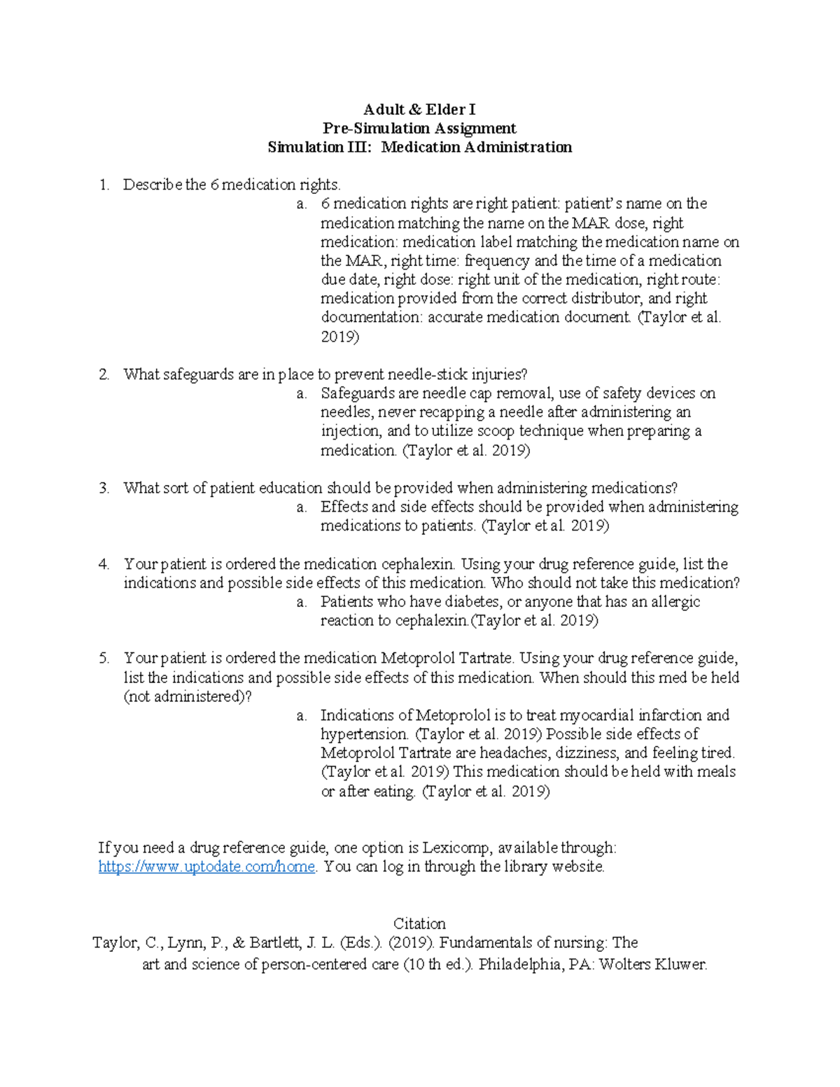 Pre sim 3 - Adult & Elder I Pre-Simulation Assignment Simulation III: Medication Administration ...