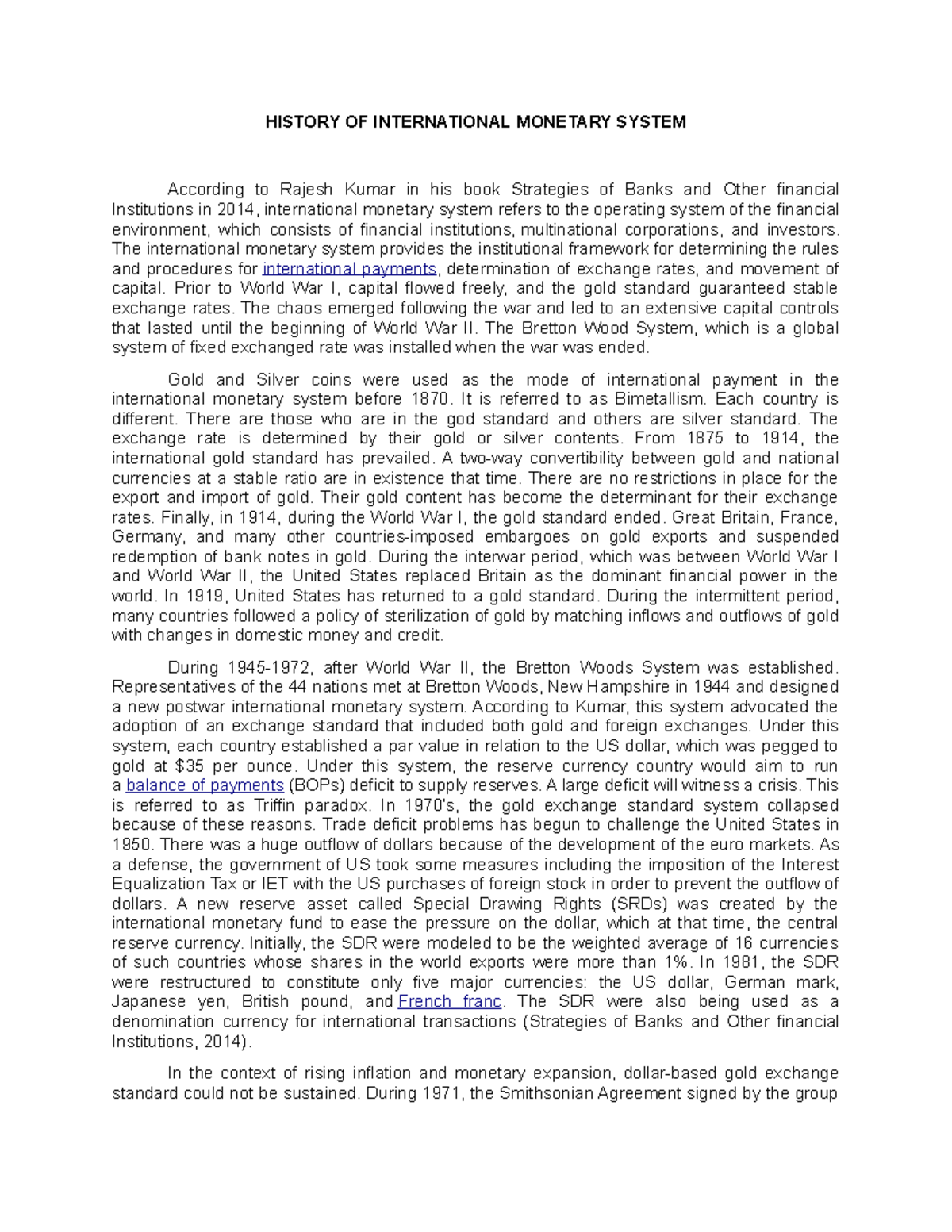 History OF International Monetary System - HISTORY OF INTERNATIONAL ...