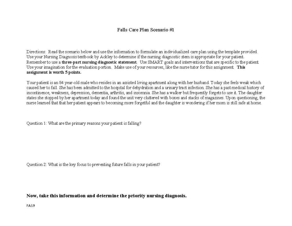 Falls Care Plan Scenario 1 - Falls Care Plan Scenario Directions: Read ...