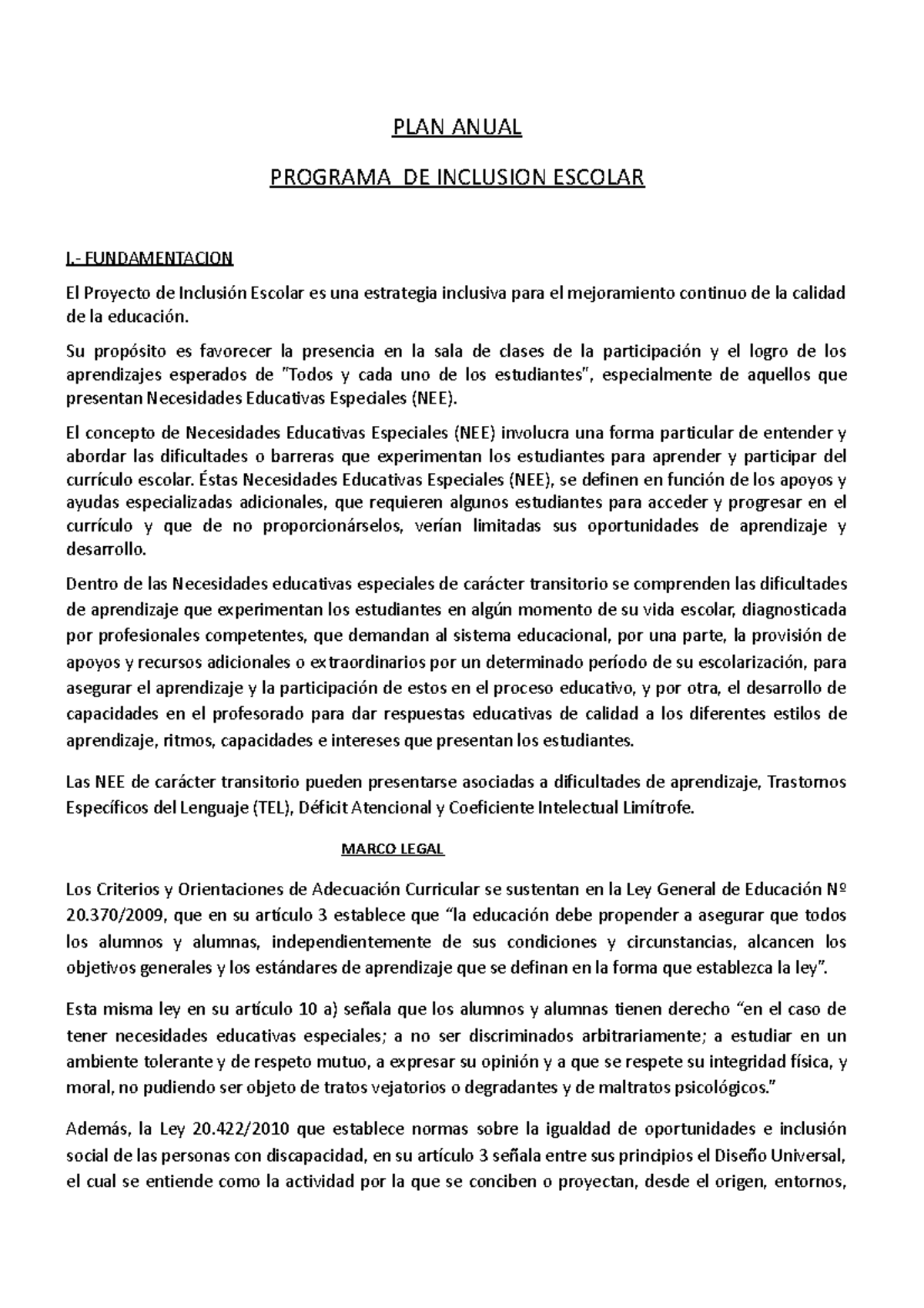 PLAN Anual Inclusion - EDUCATIVA - PLAN ANUAL PROGRAMA DE INCLUSION ...