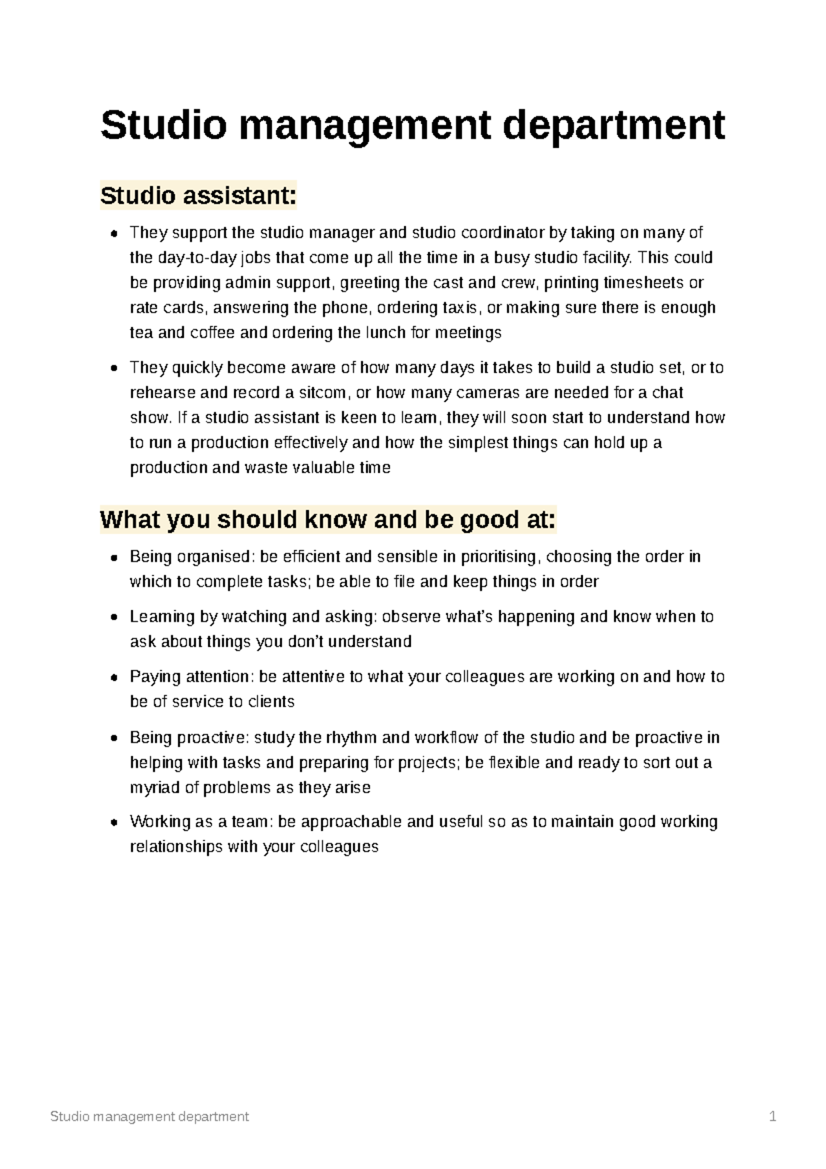 Studio assistant - Studio management department 1 Studio management ...