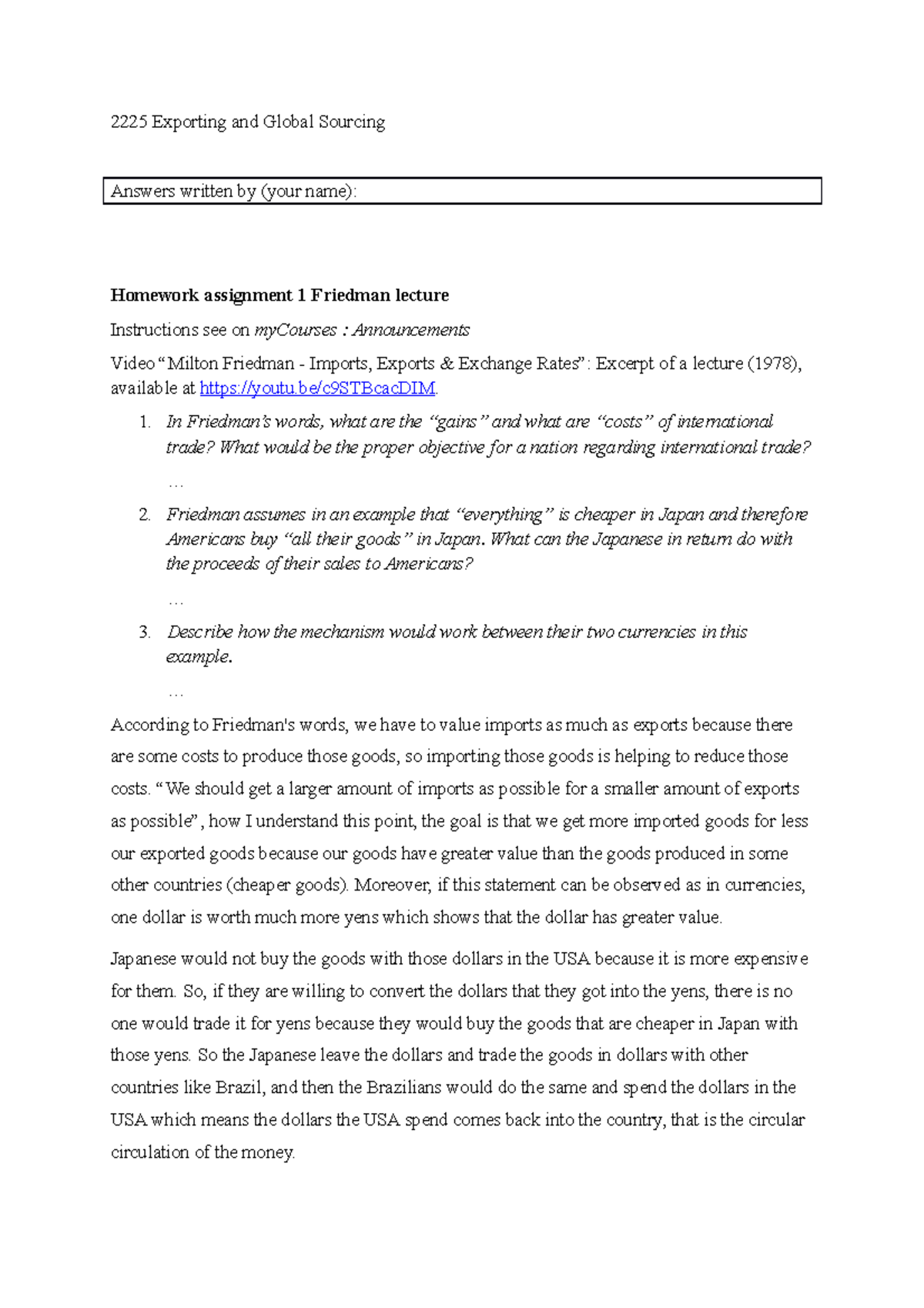 2225 Worksheet Friedman lecture - 2225 Exporting and Global Sourcing ...