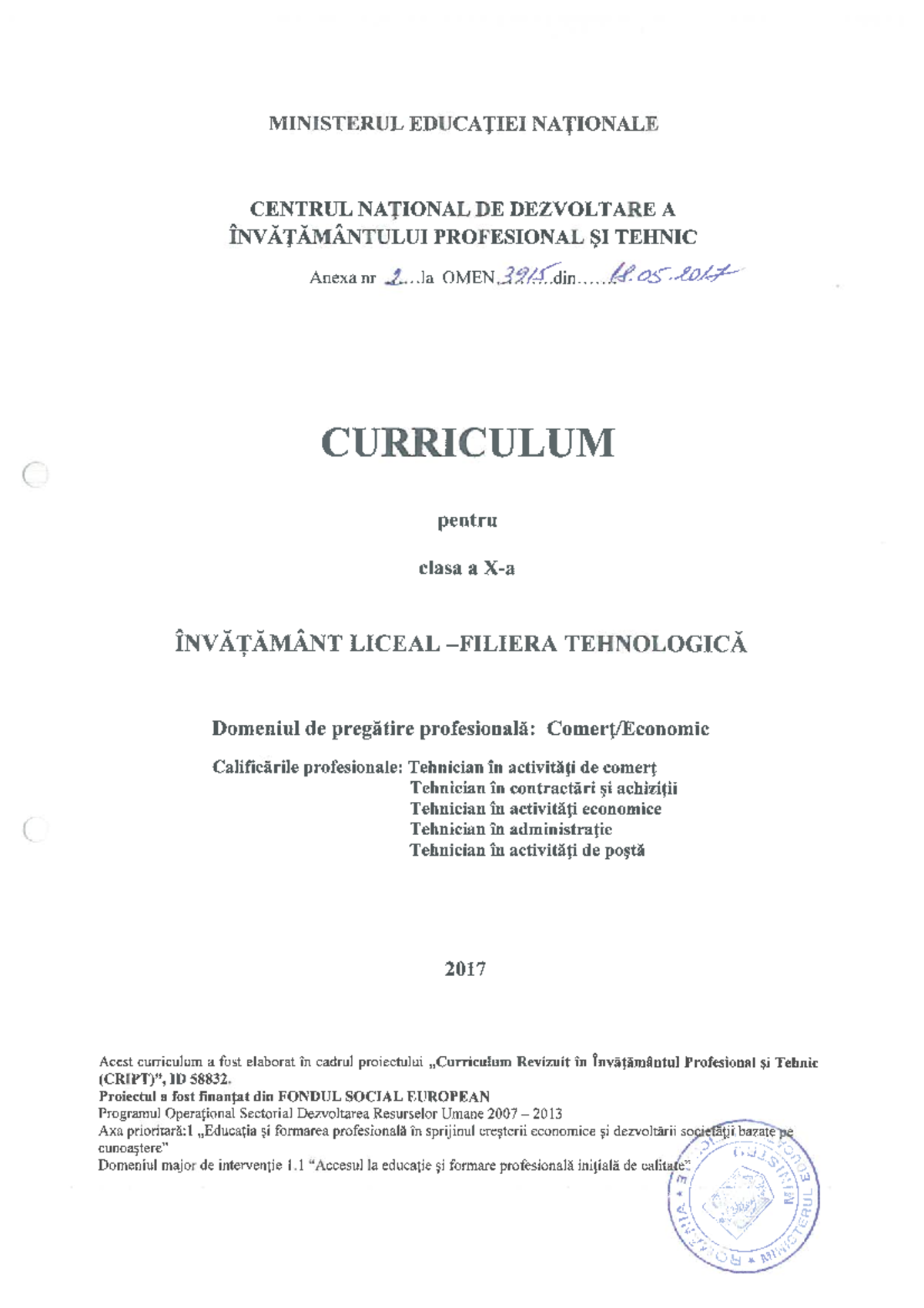 Curriculum tehnic 10 liceu Comert - Psihologia personalului - Studocu