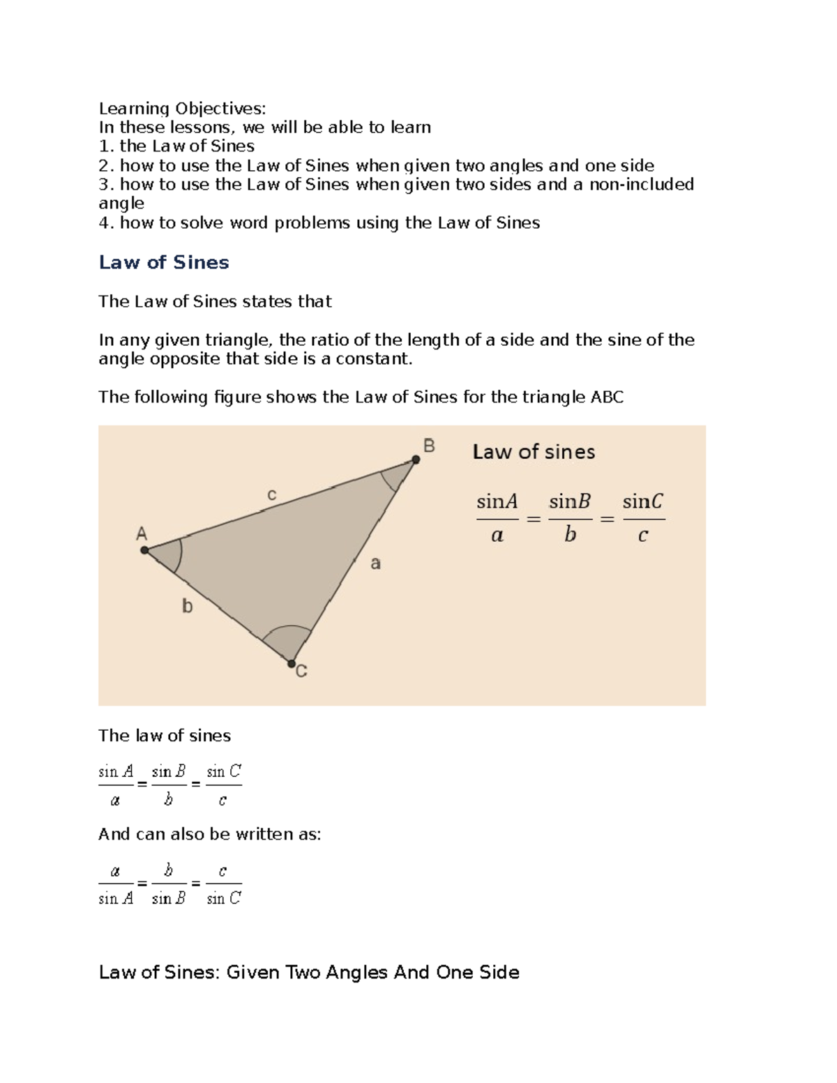 LAWS OF SINE - read it carefully - Learning Objectives: In these ...