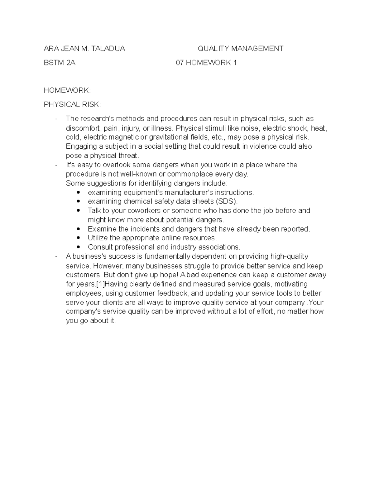 07 Homework 1 - GOODLUCK - ARA JEAN M. TALADUA QUALITY MANAGEMENT BSTM ...