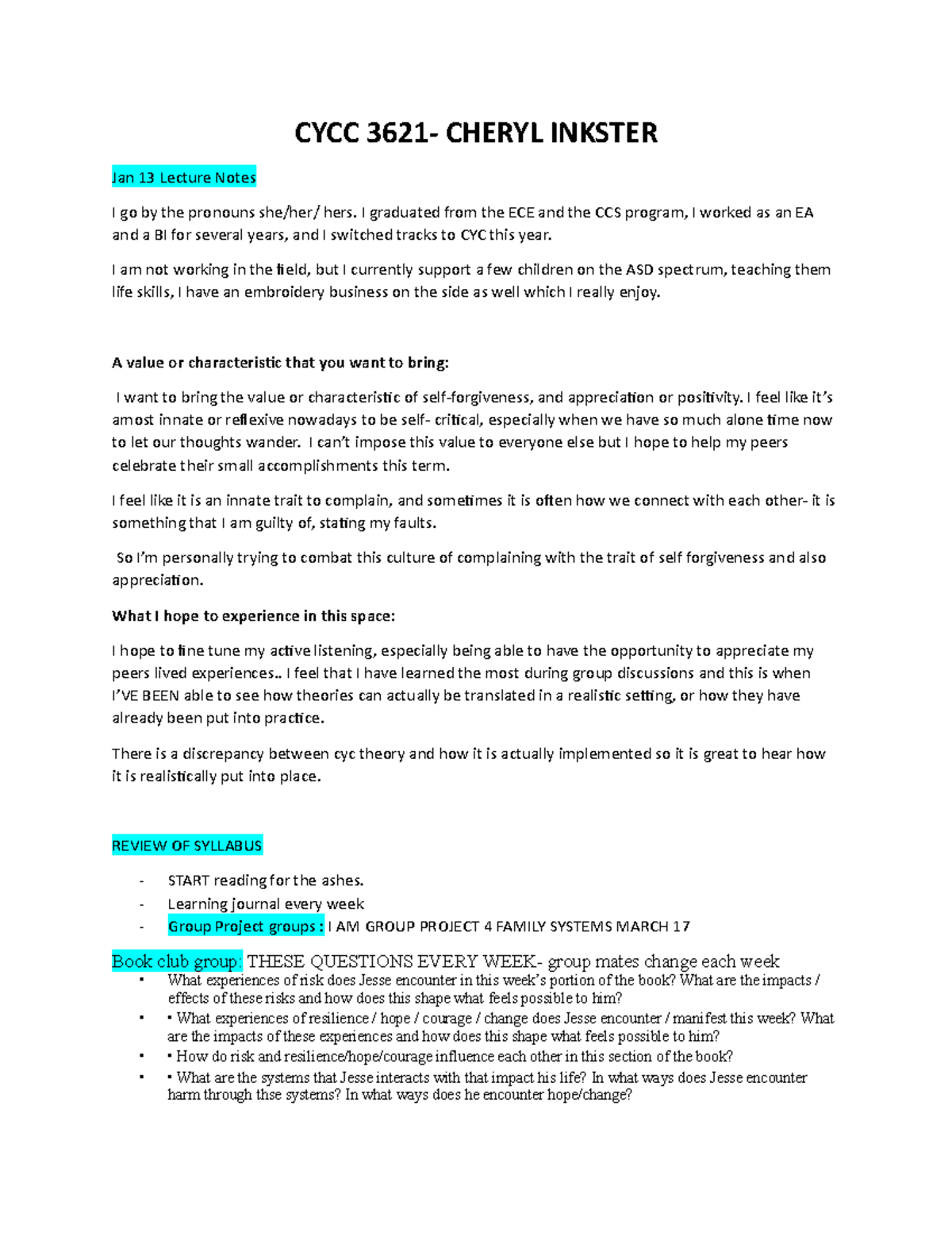 CYCC 3621-class notes - CYCC 3621- CHERYL INKSTER Jan 13 Lecture Notes ...