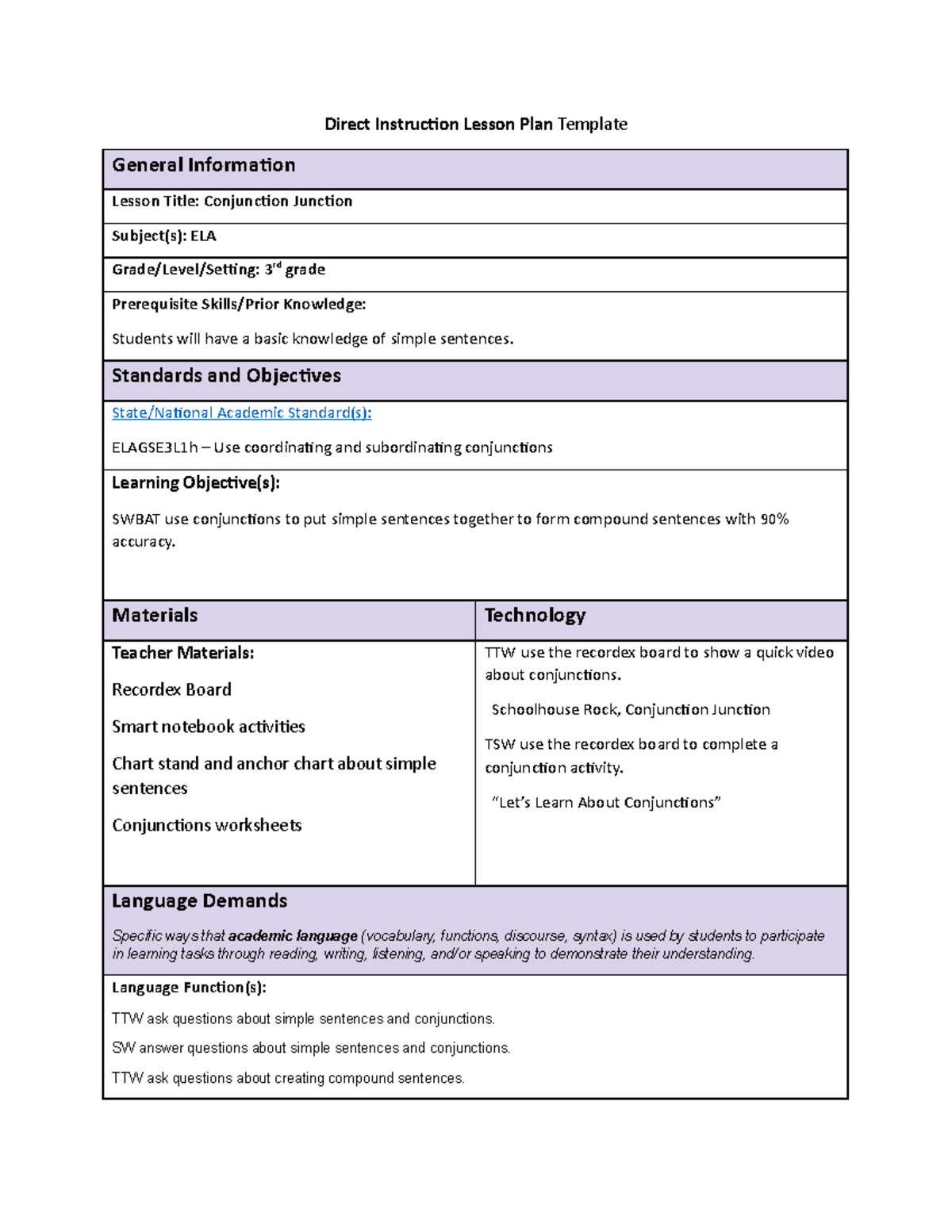 Reading Methods Lesson Plan - Direct Instruction Lesson Plan Template ...