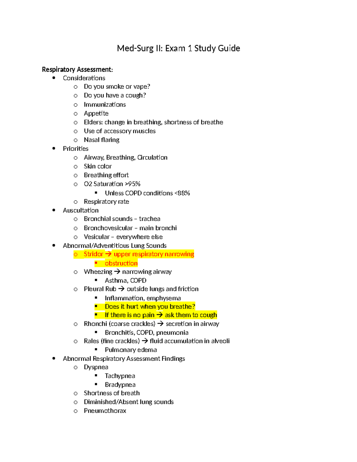 Med-Surg II-Study Guide - Med-Surg II: Exam 1 Study Guide Respiratory ...