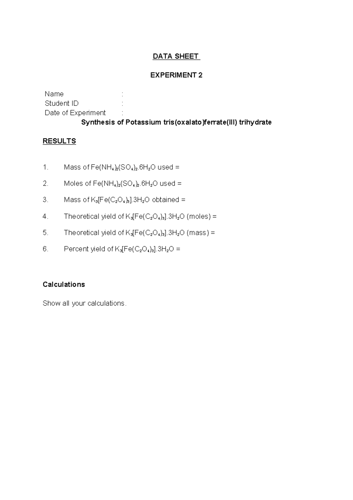 DATA Sheet EXP 2 Updated laboratory report - DATA SHEET EXPERIMENT 2 ...