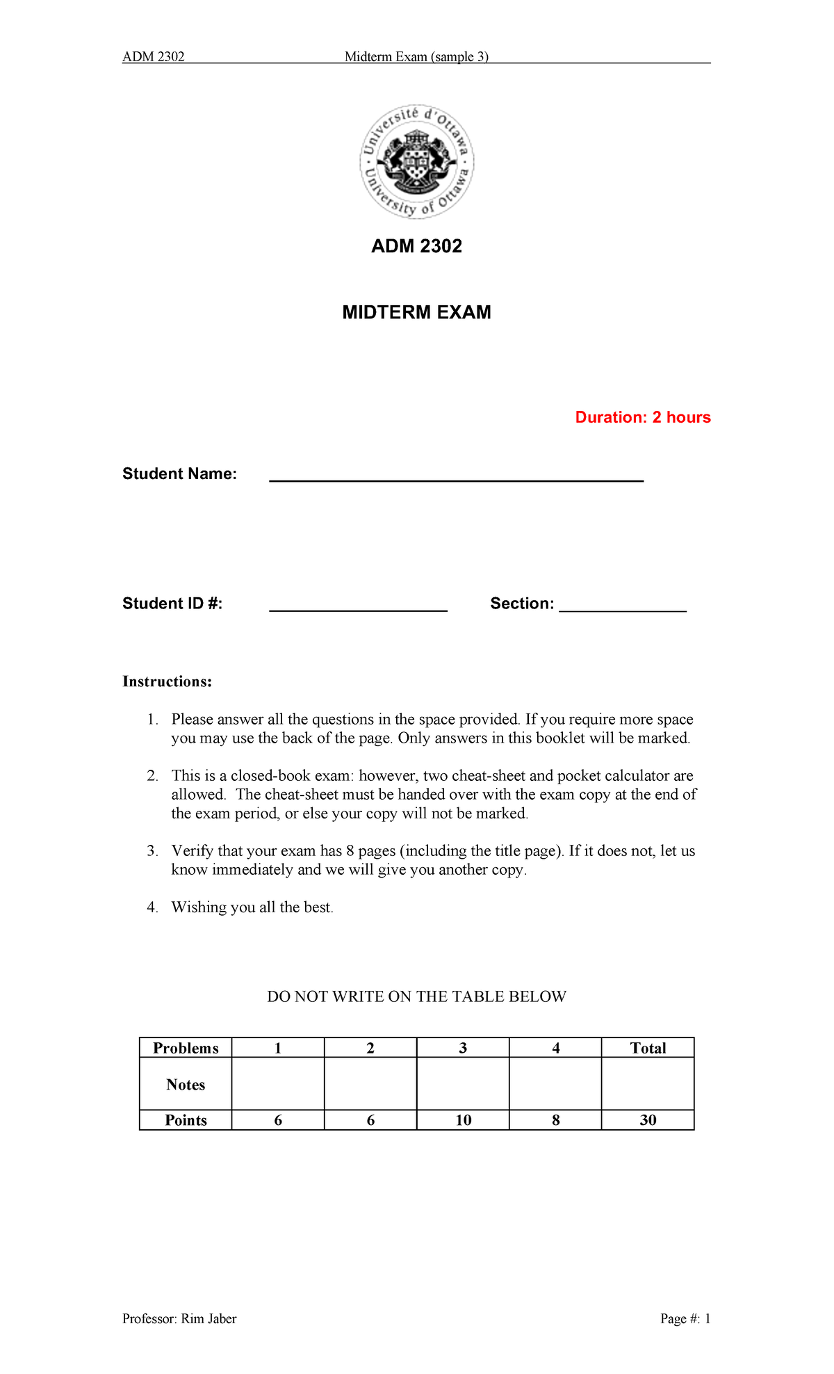 Sample Midterm 3 very easy - ADM 2302 MIDTERM EXAM Duration: 2 hours ...
