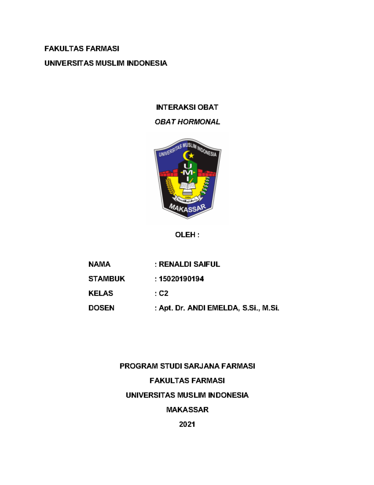 Interaksi OBAT Hormonal - Renaldi Saiful - FAKULTAS FARMASI UNIVERSITAS ...