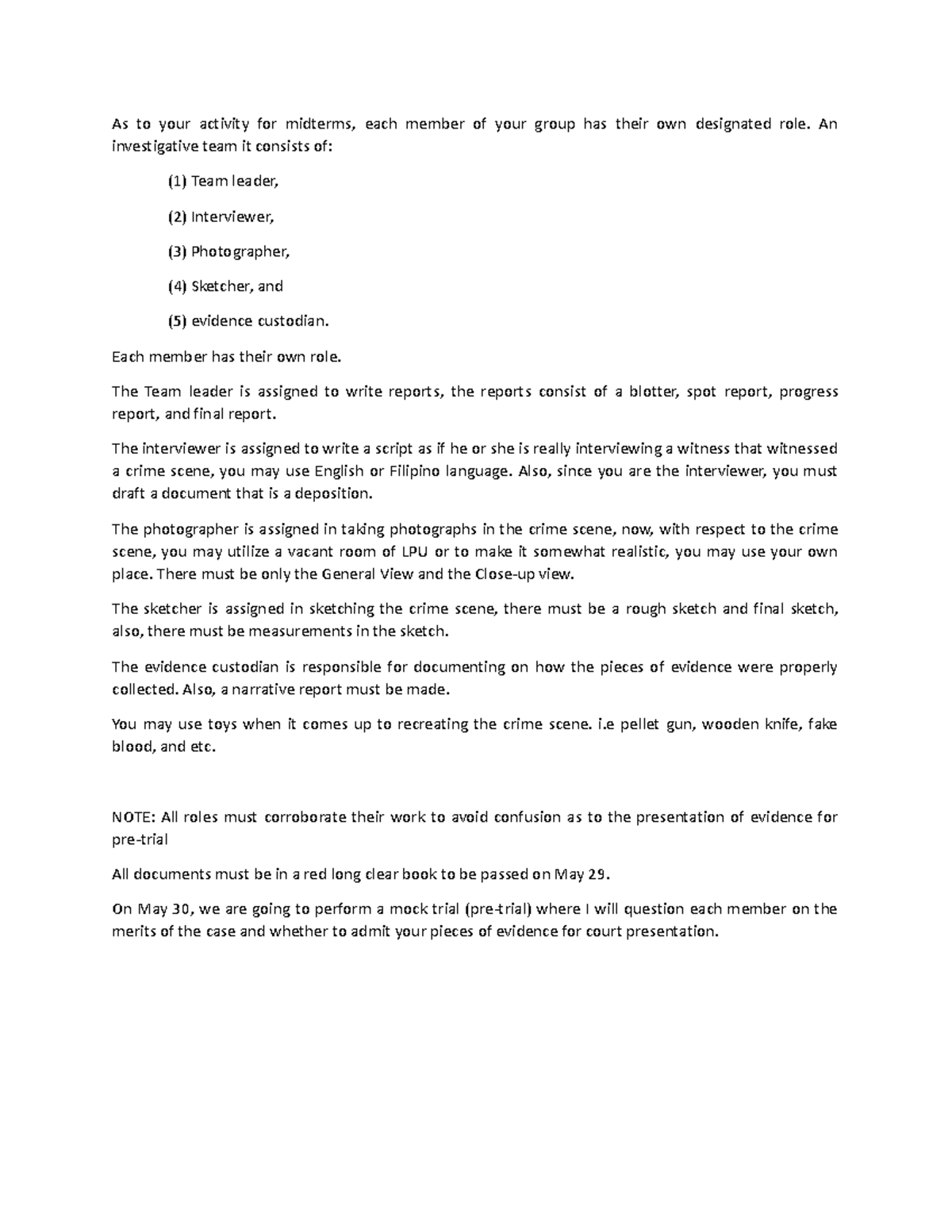 Midterm- Activity - As to your activity for midterms, each member of ...