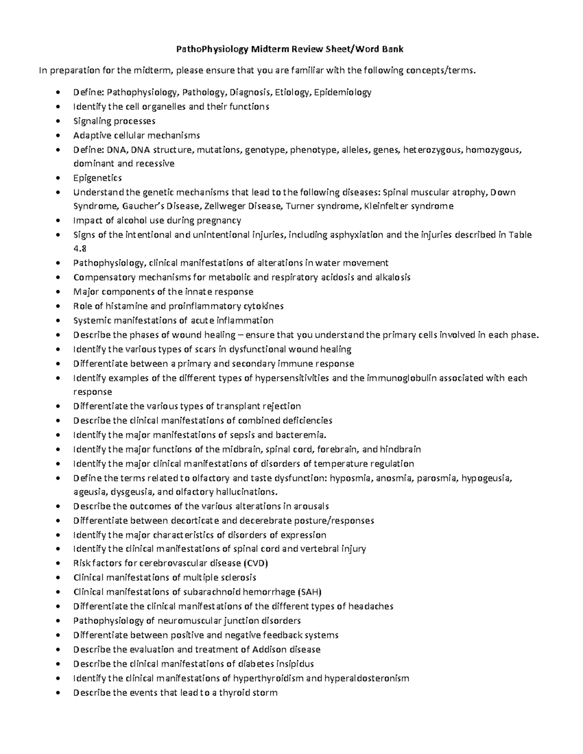 Patho Mid term review - study guides - PathoPhysiology Midterm Review ...