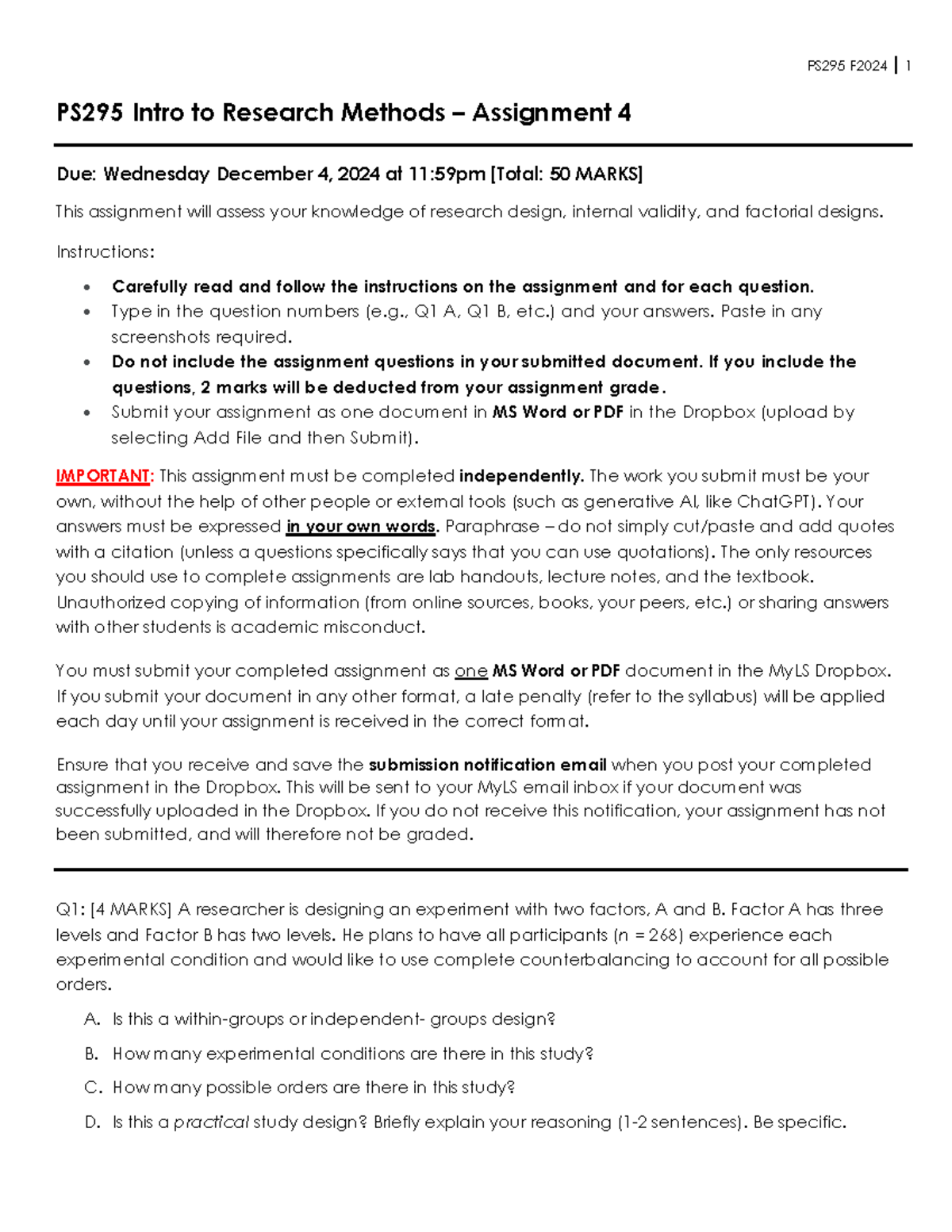 PS295 Assignment 4 F2024 - PS295 Intro to Research Methods – Assignment 4 Due: Wednesday ...