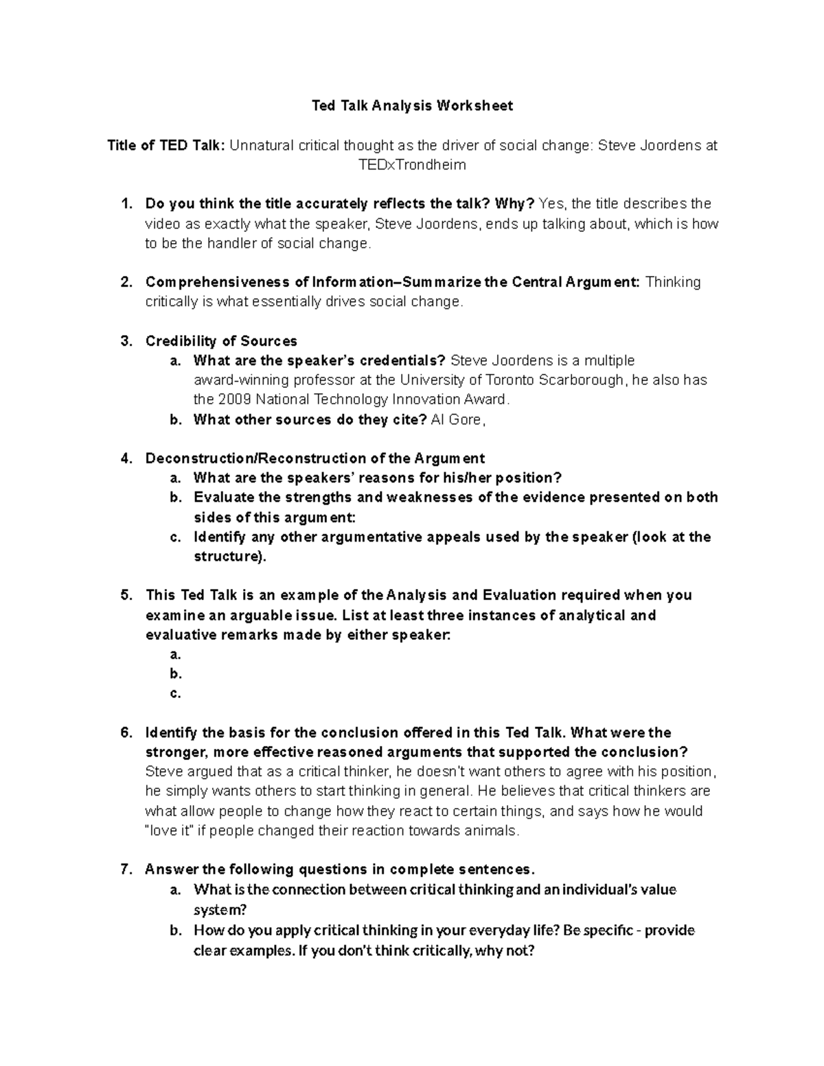 Untitled document - tedtalk - Ted Talk Analysis Worksheet Title of TED ...