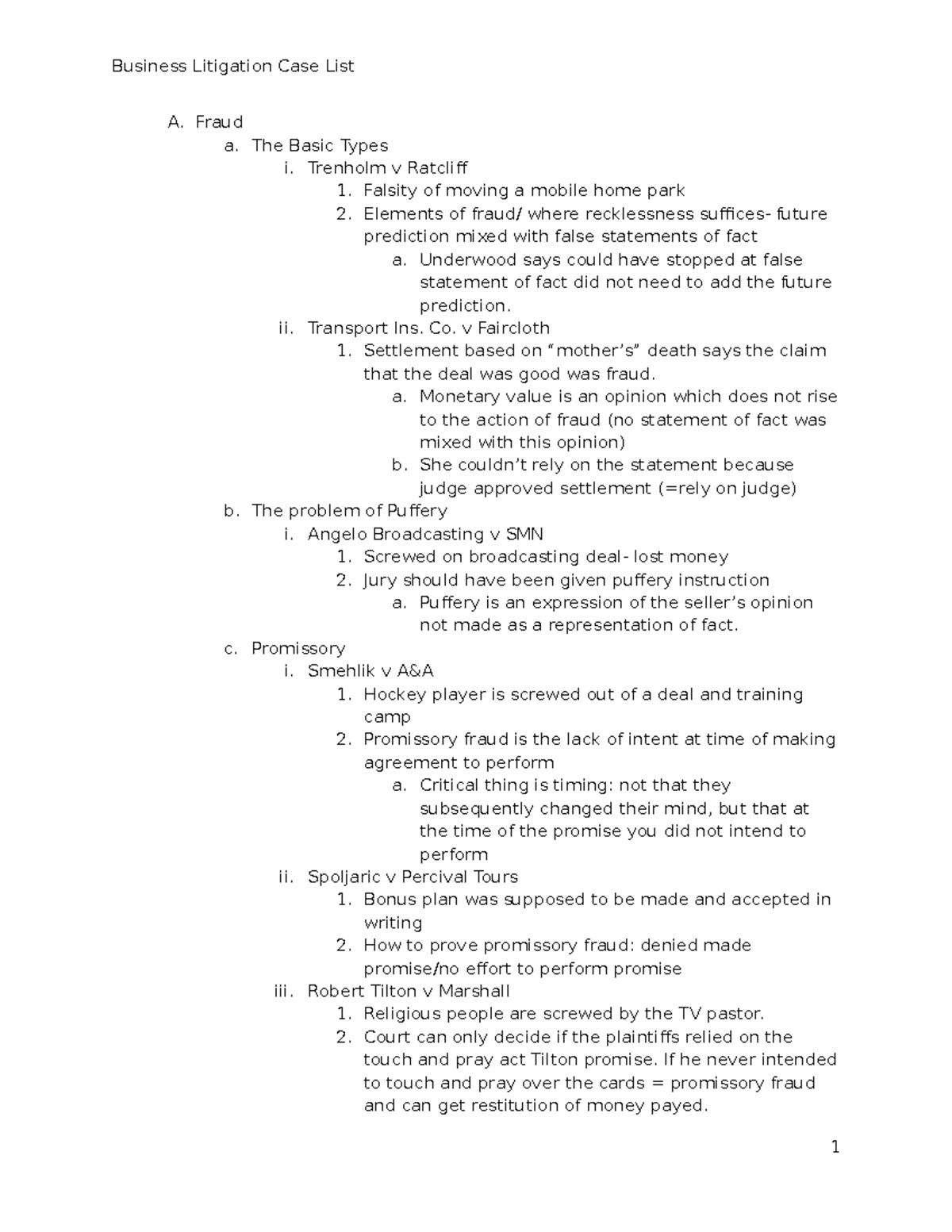 Business Litigation Case List - A. Fraud a. The Basic Types i. Trenholm ...